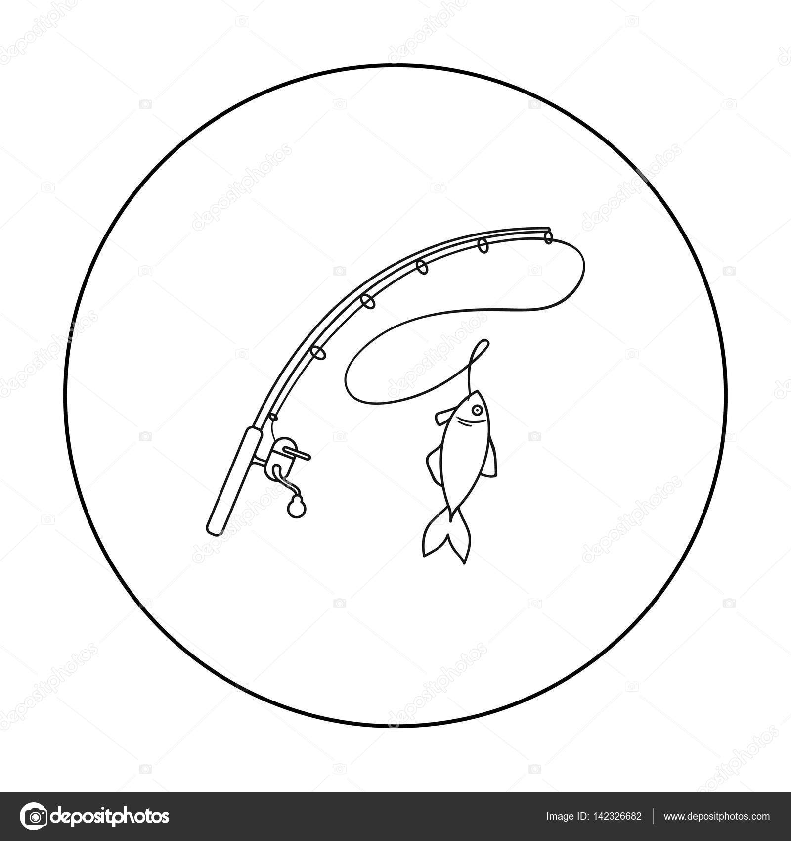 Fishing rod and fish icon in outline style isolated on white background ...