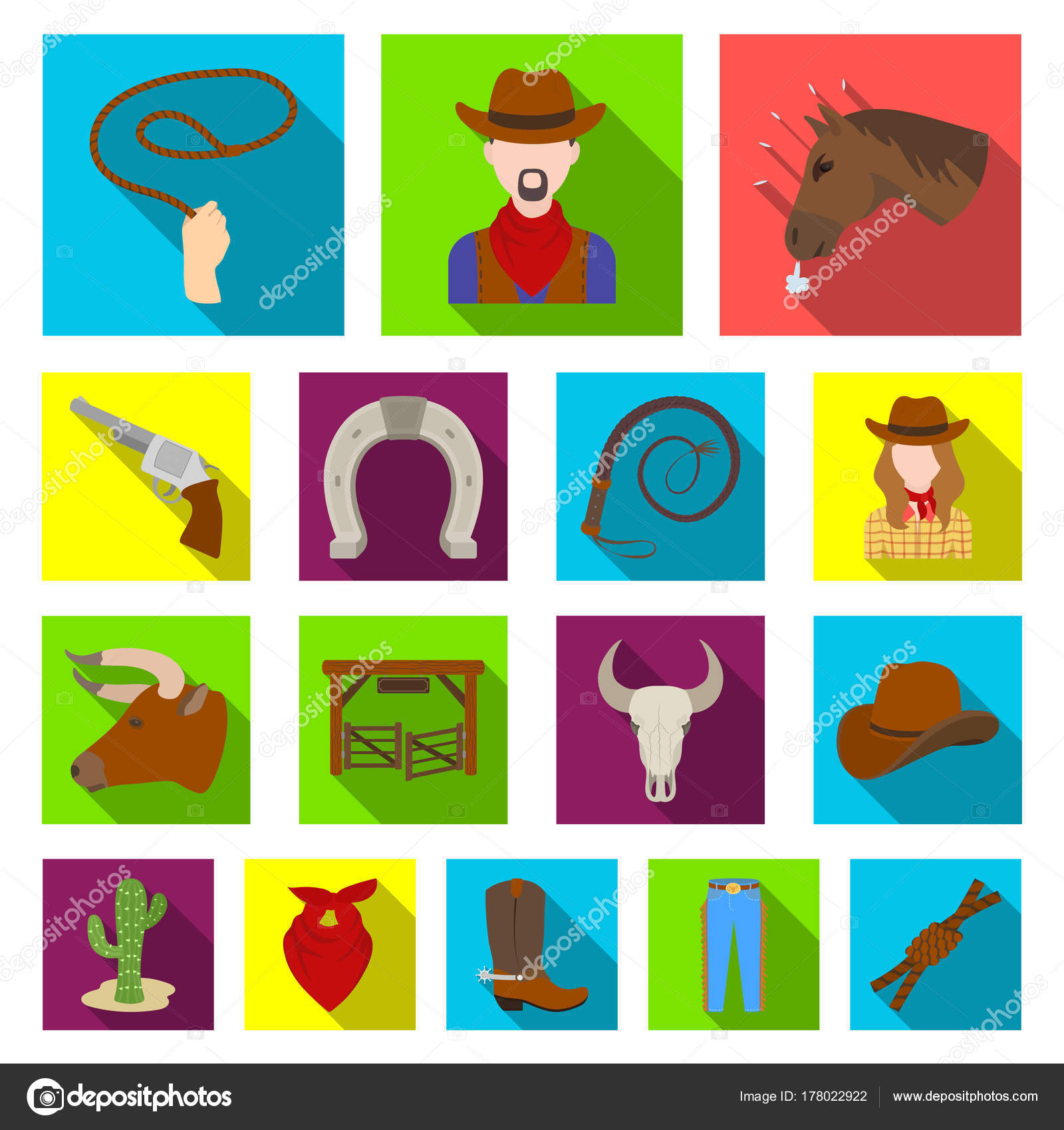 Rodeo, competition flat icons in set collection for design. Cowboy and ...