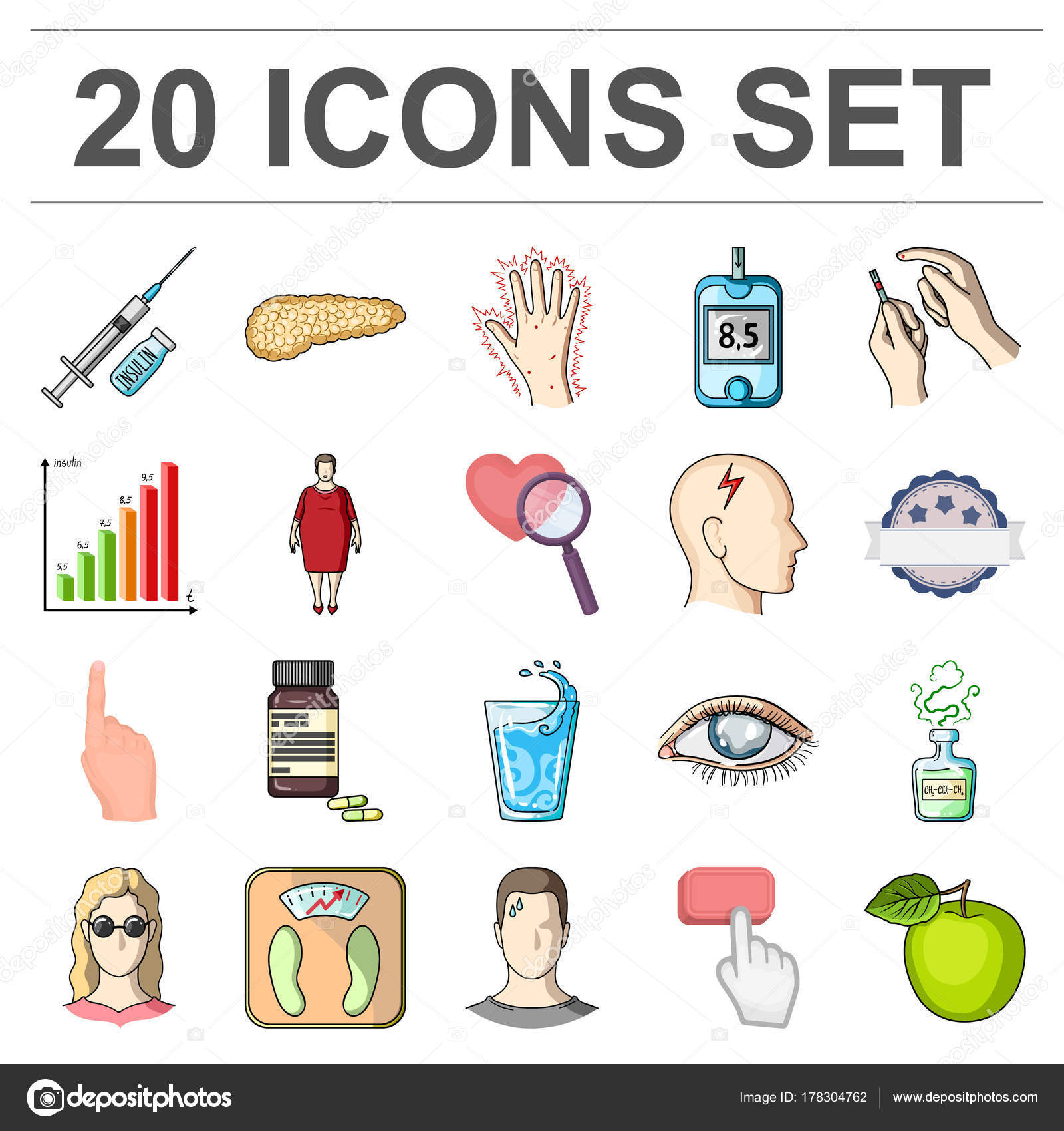 Diabetes cartoon icons in set collection for design. Treatment of ...
