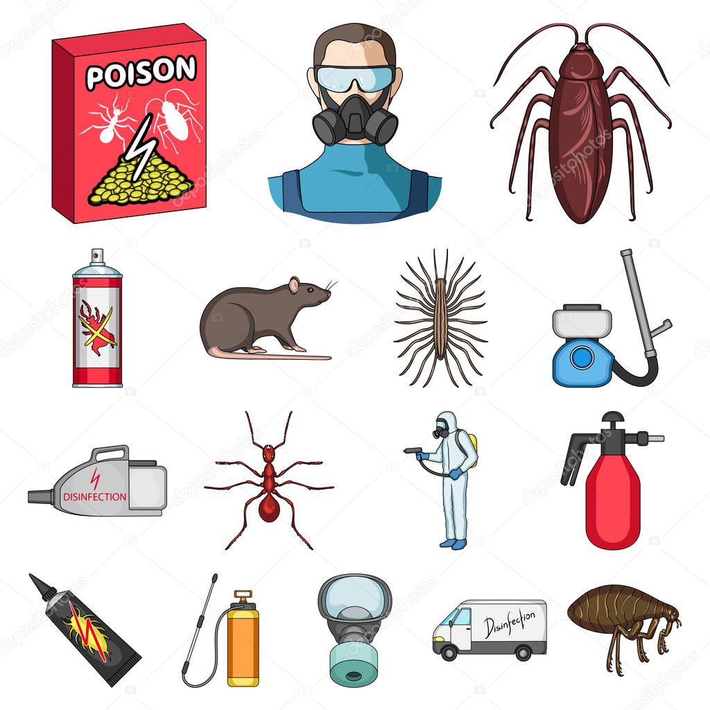 Iconos de dibujos animados de plagas, venenos, personal y equipos en la ...
