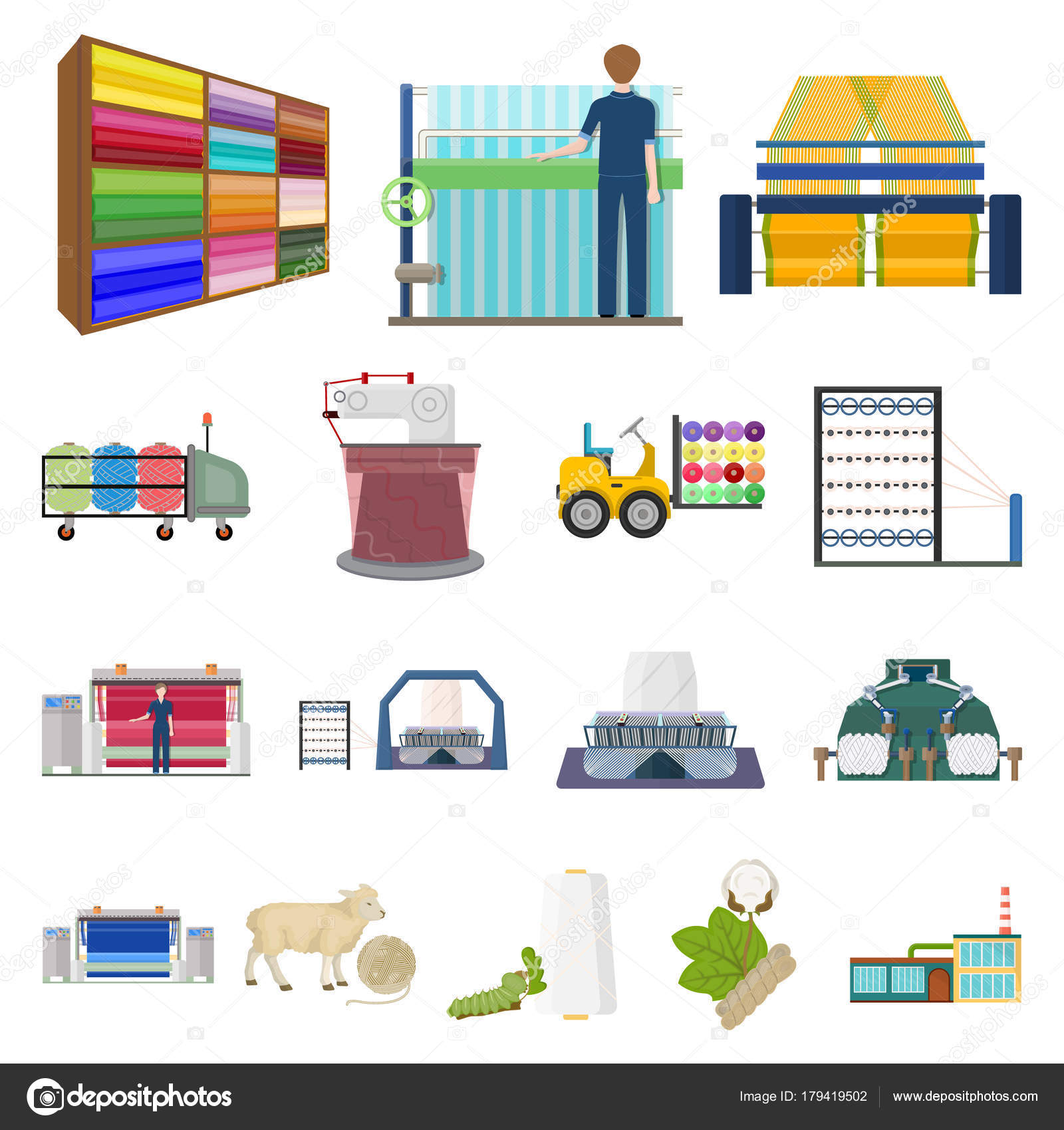 Textil iconos de dibujos animados de la industria en la colección de ...
