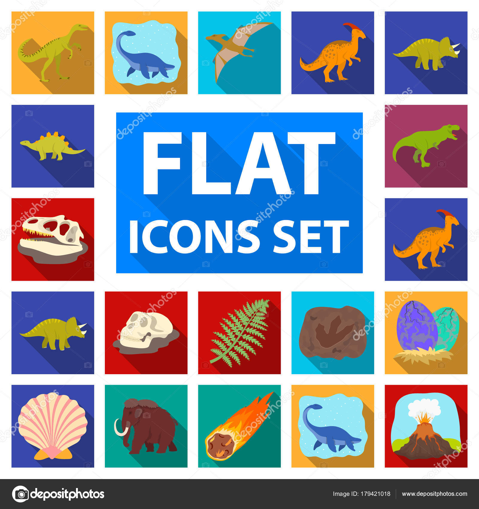 Different dinosaurs flat icons in set collection for design. Prehistoric animal vector symbol ...