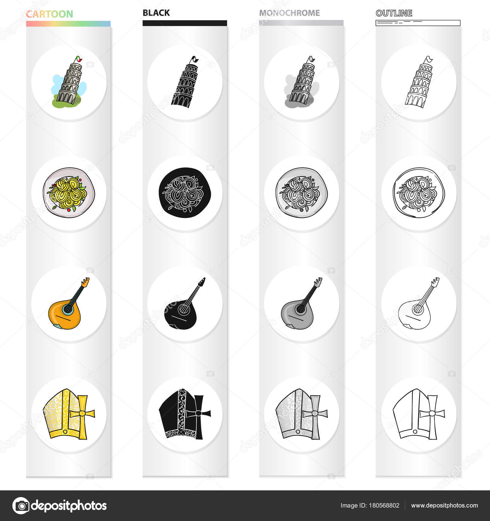 The Leaning Tower of Pisa, Italian pasta, mandolin, an attribute of ...