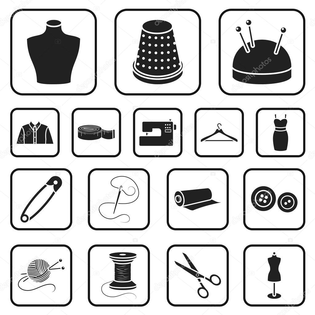 Atelier y coser iconos negros en la colección de conjuntos para el diseño. Equipo y herramientas ...