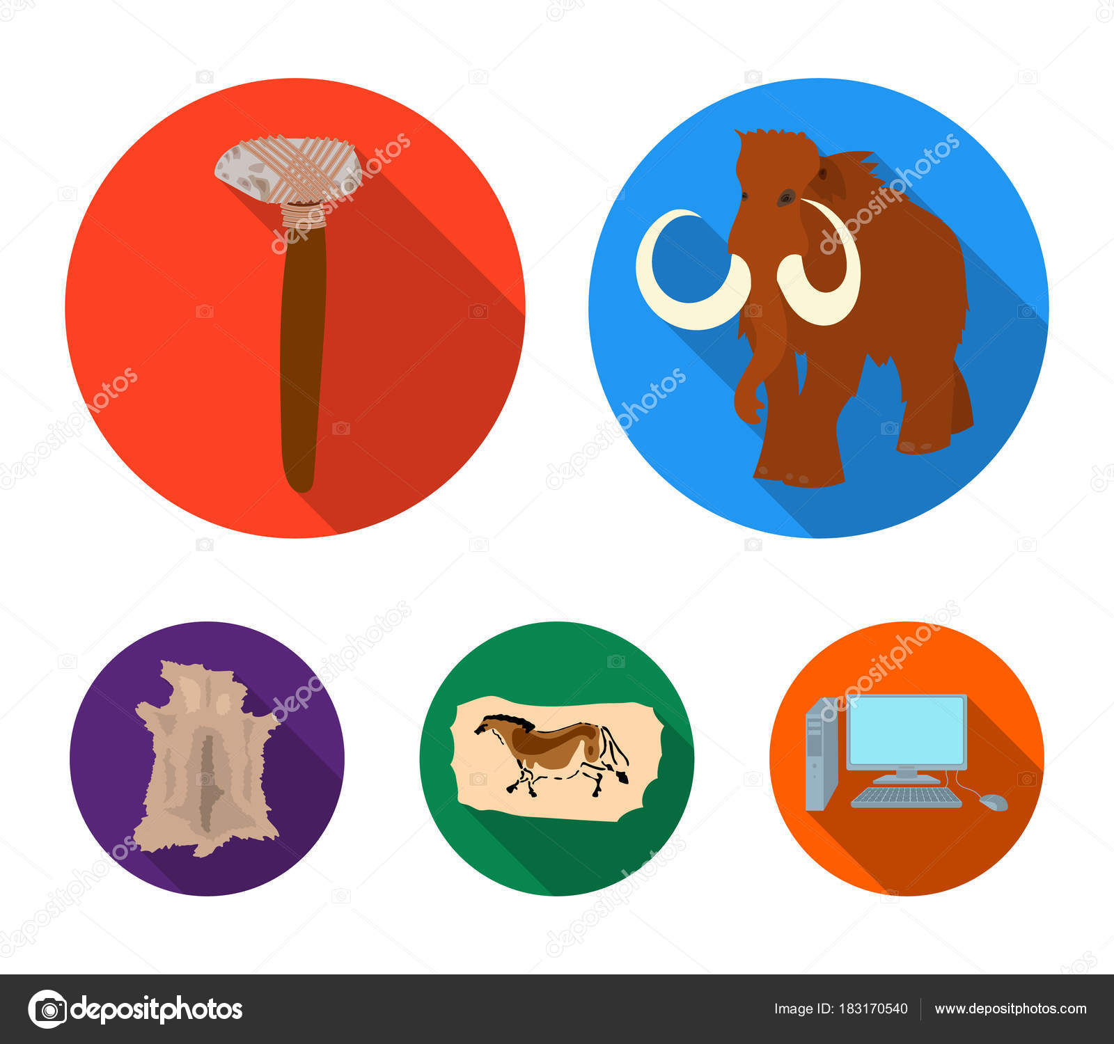 Primitive, mammoth, weapons, hammer .Stone age set collection icons in ...