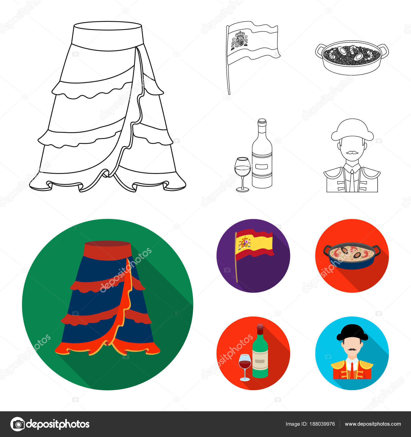 Flag with the coat of arms of Spain, a national dish with rice and ...