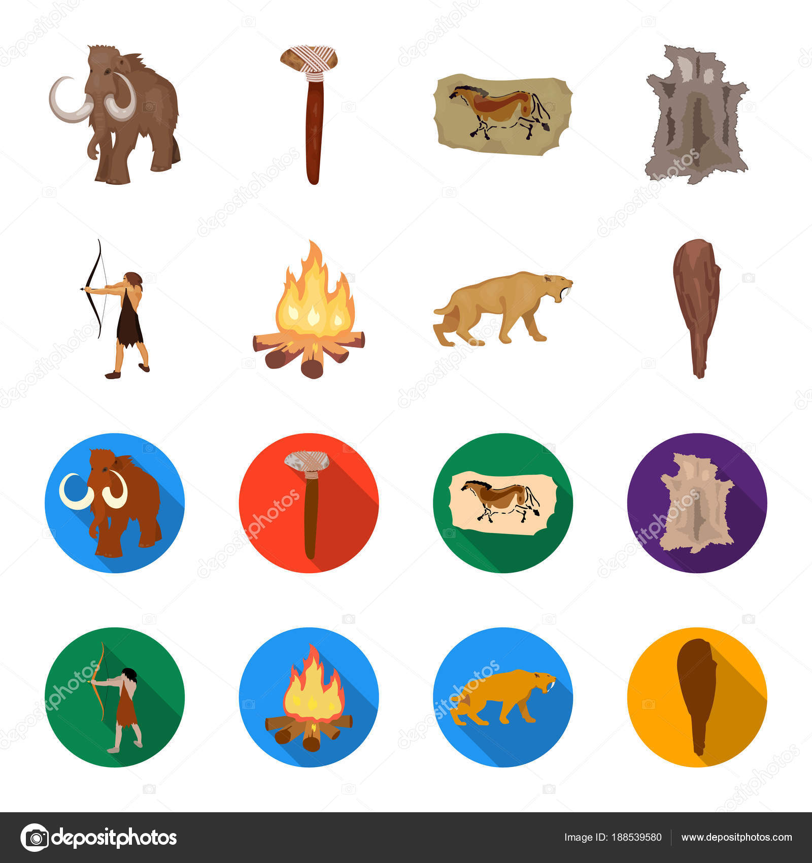 Hombre, cazador, cebolla, hoguera. Iconos de colección conjunto de edad ...