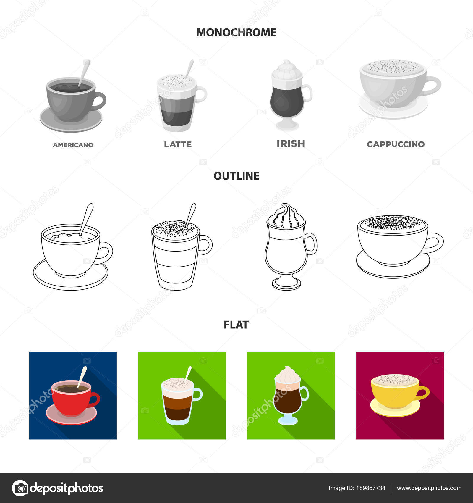 Mocha, macchiato, frappe, take coffee.Different types of coffee set ... Mocha, macchiato, frappe, take coffee.Different types of coffee set ...