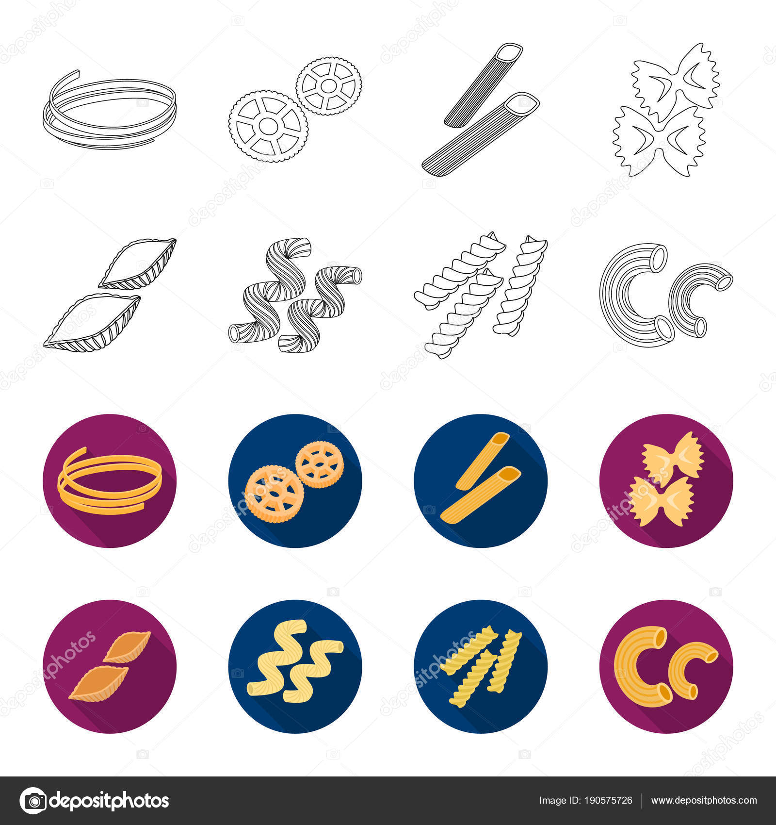 Image vectorielle Différents types de pâtes. Types de pâtes set ...