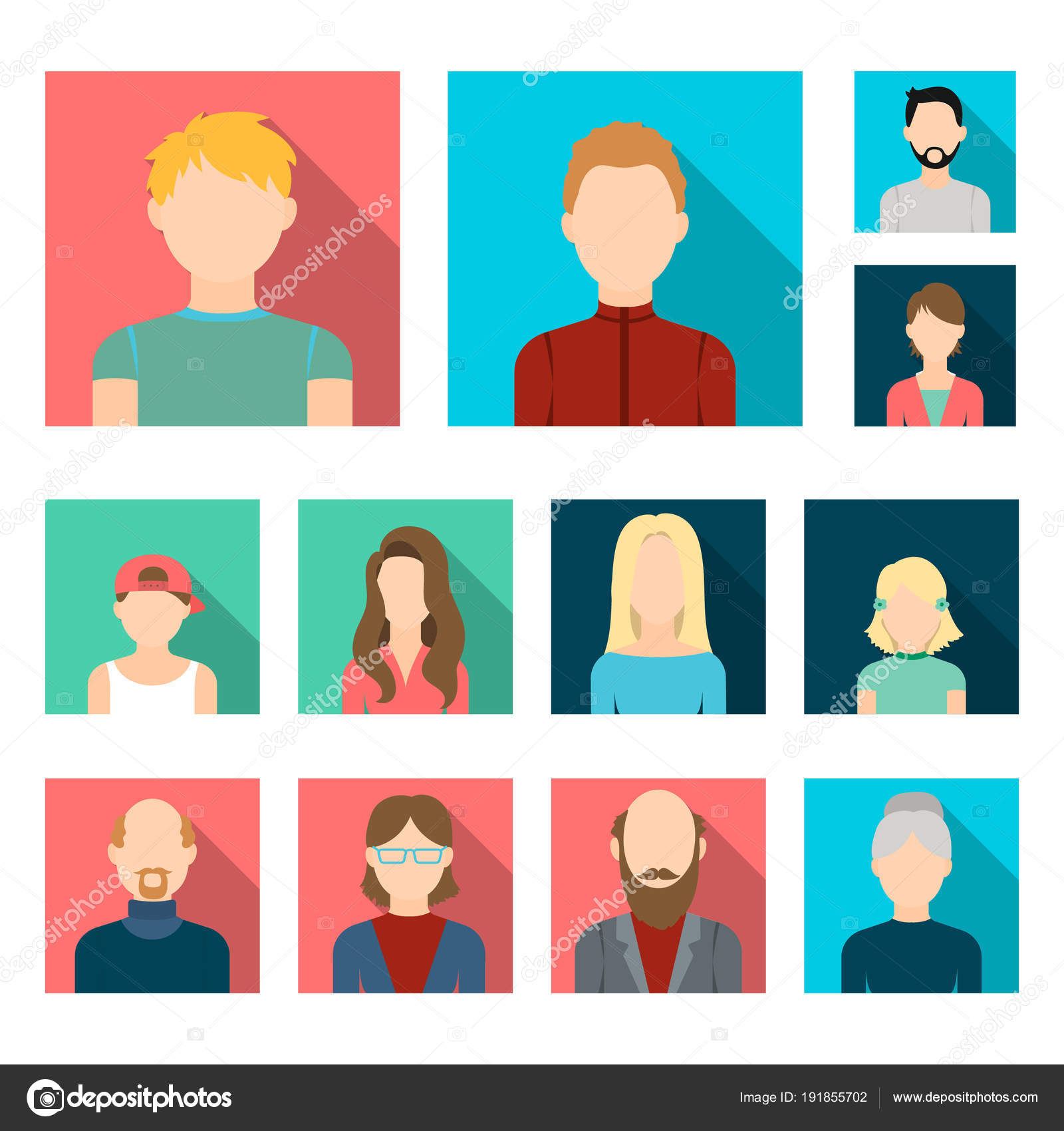 아바타와 얼굴 평면 아이콘 디자인에 대 한 설정된 컬렉션. 사람 모양 벡터 기호 재고 웹 일러스트. 스톡 벡터 ...