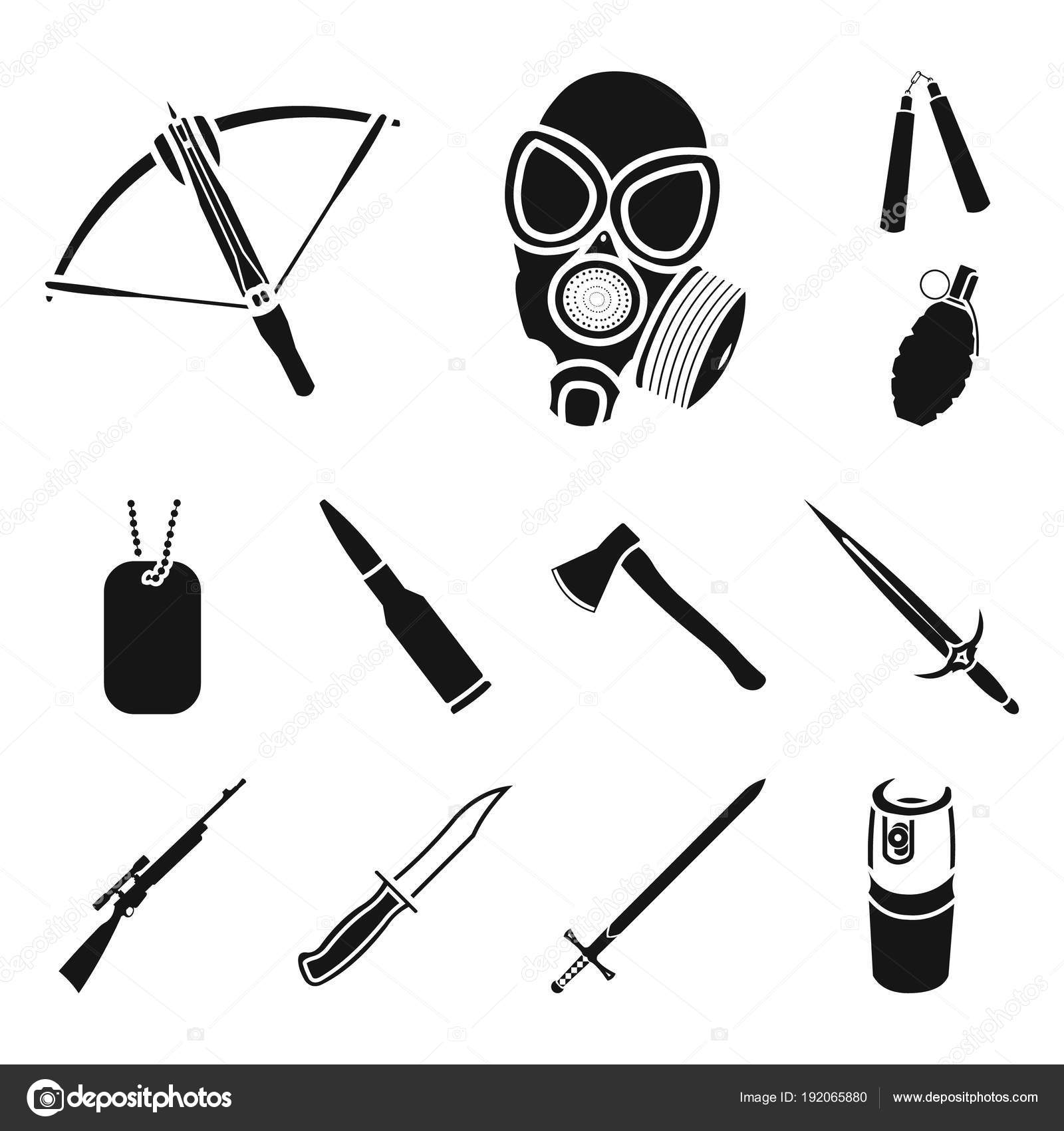 Types of weapons black icons in set collection for design.Firearms and ...
