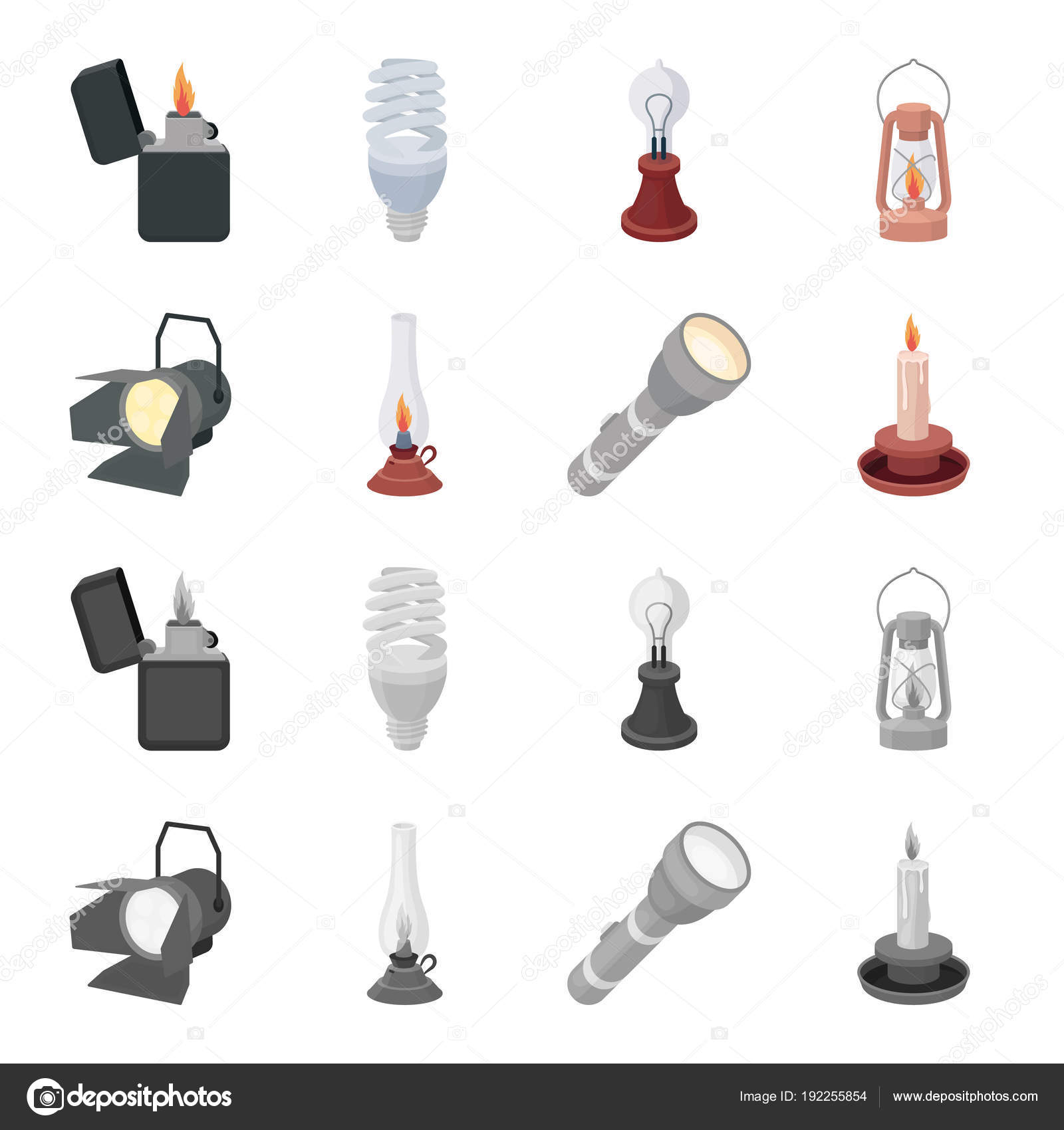 Lampu sorot, lampu minyak tanah, lilin, lampu senter Sumber set ikon ...