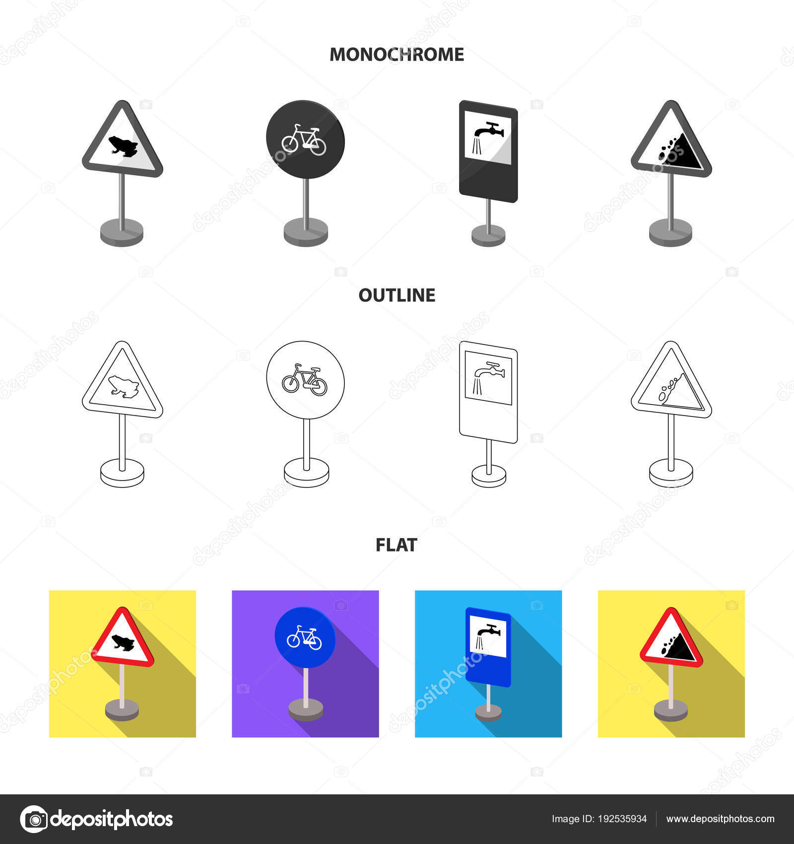 Different types of road signs flat,outline,monochrome icons in set ...