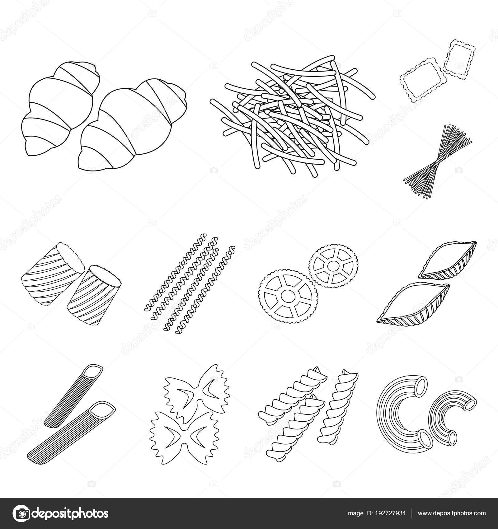 Types of pasta outline icons in set collection for design. Figured ...