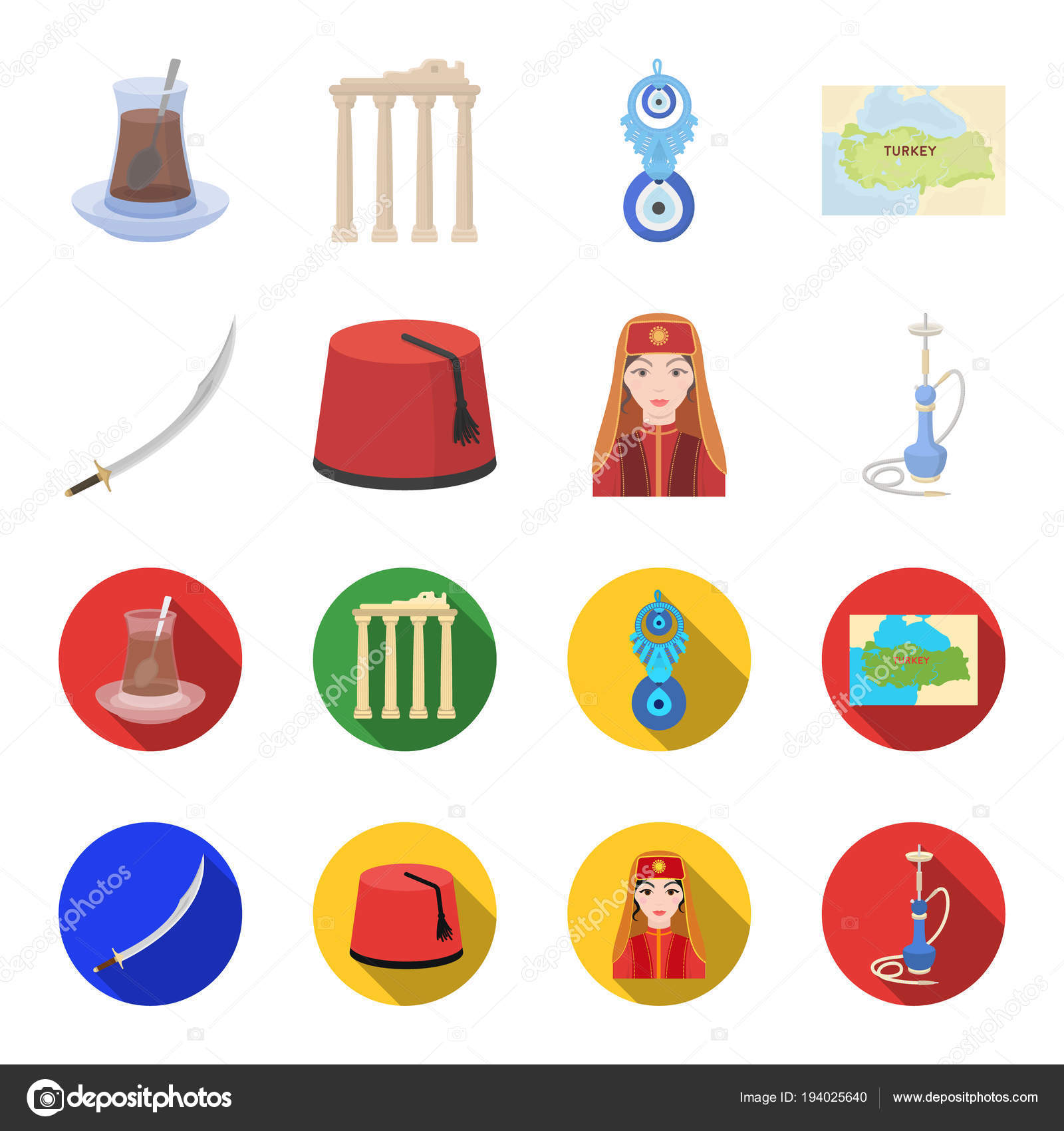 Turquía fez, yatogán, turco, hookah.Turkey conjunto de iconos de la ...
