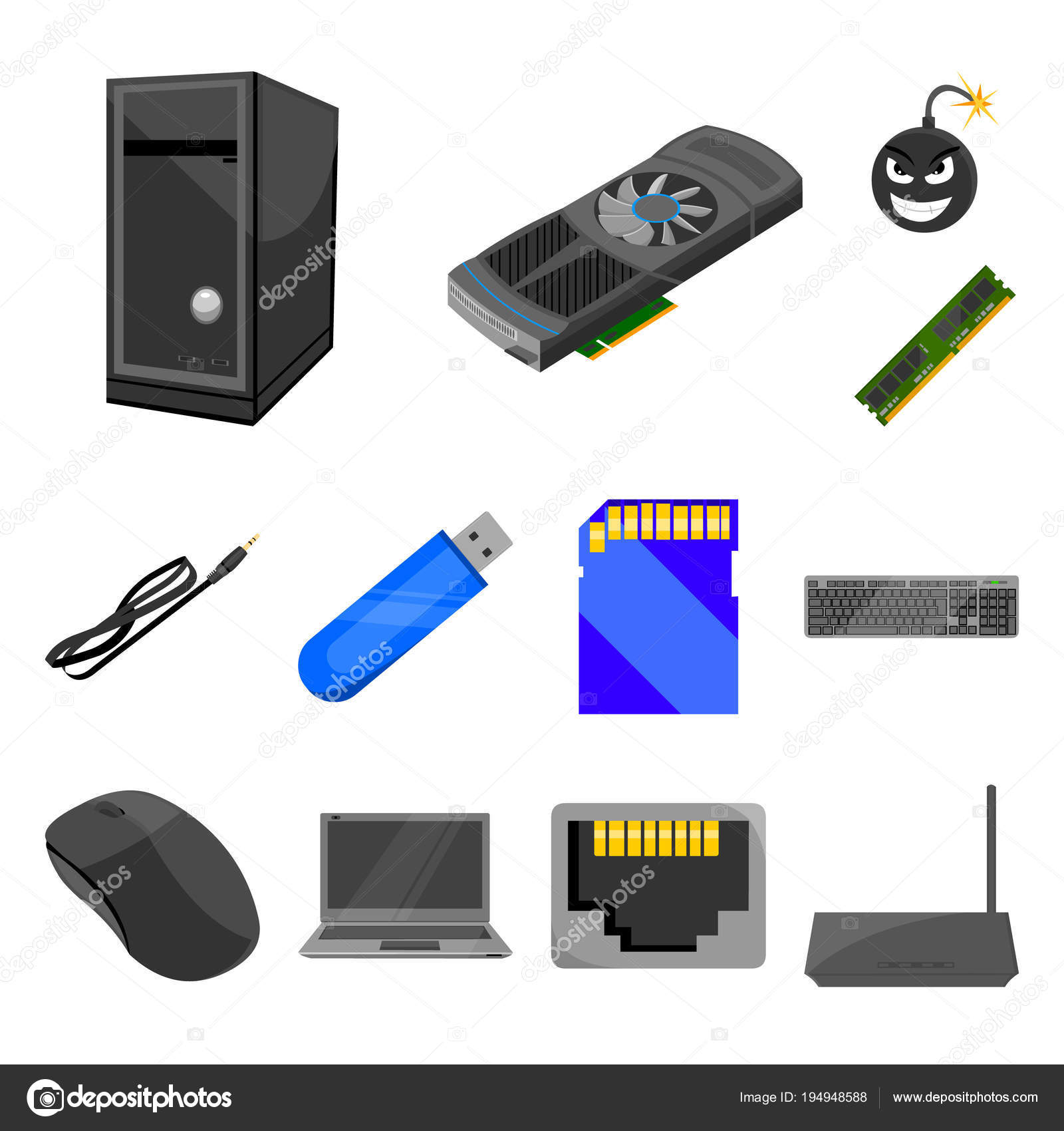 Personal computer cartoon icons in set collection for design. Equipment ...