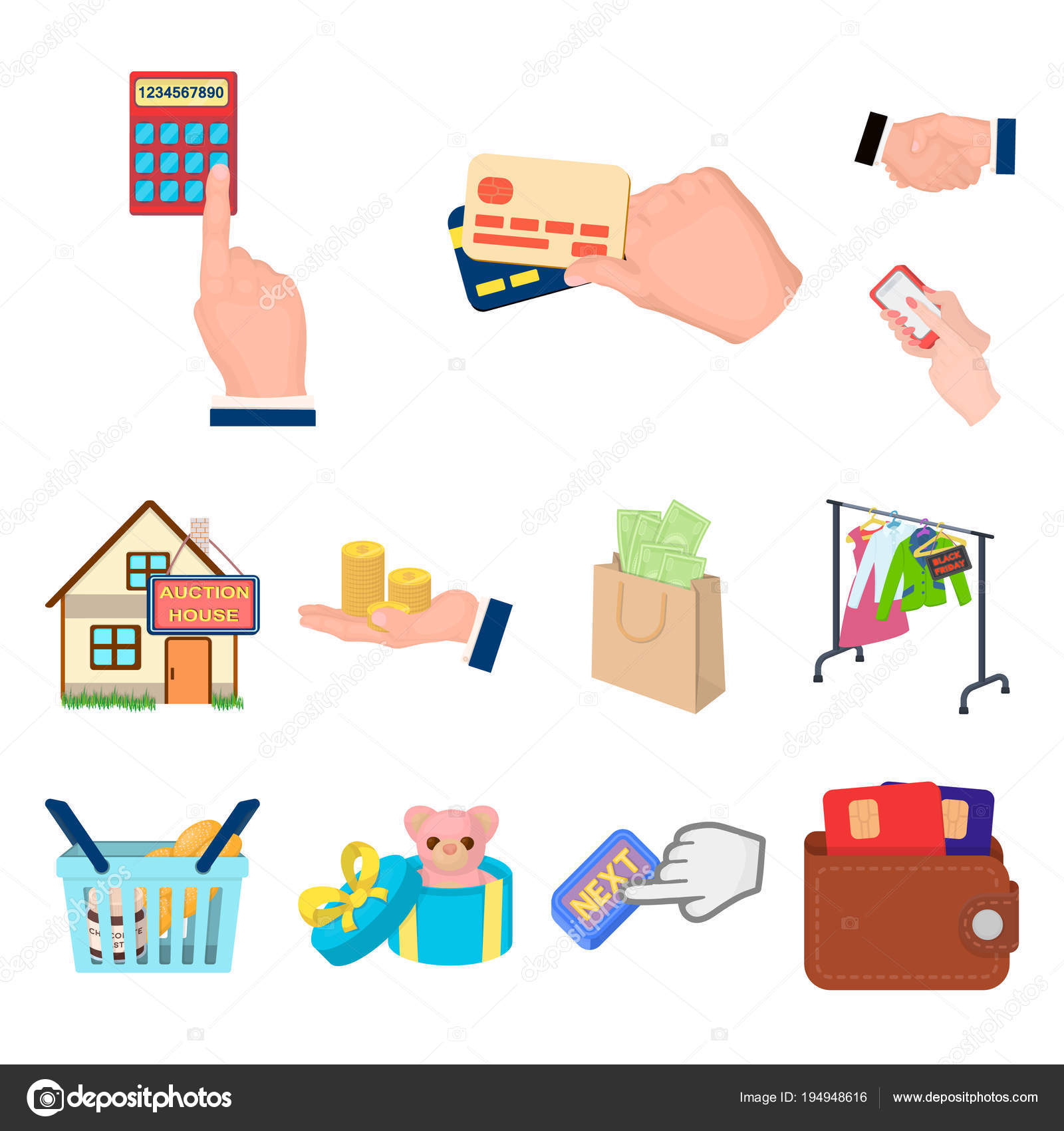 Iconos de comercio electrónico y dibujos animados de negocios en la ...