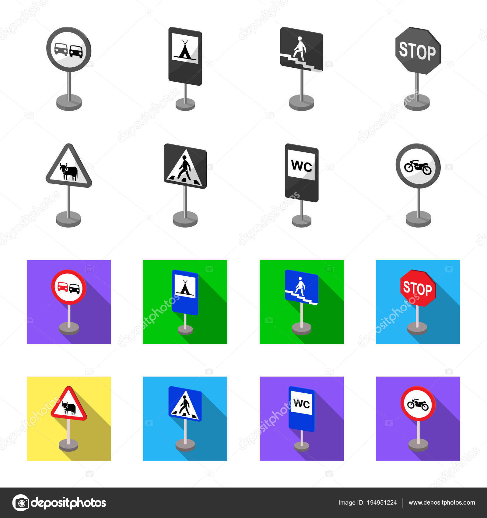 Different types of road signs monochrome,flat icons in set collection ...