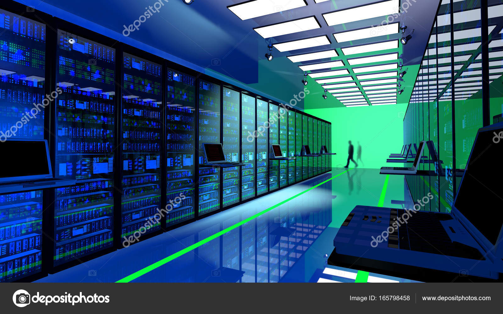 Terminal monitor in server room with server racks in datacenter.3d ...