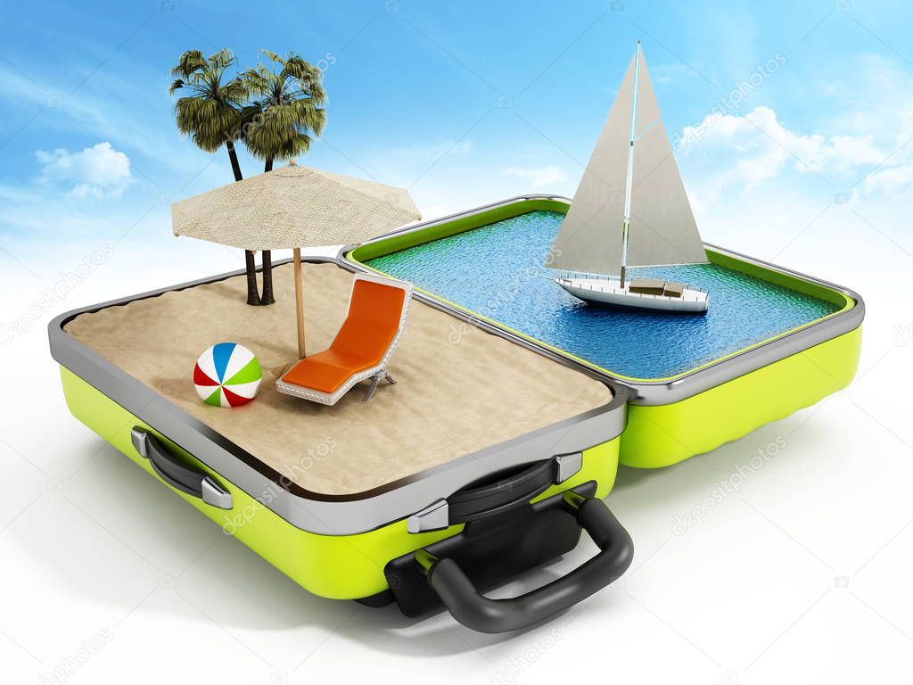 Isla de vacaciones dentro de la maleta de viaje medio abierta ...