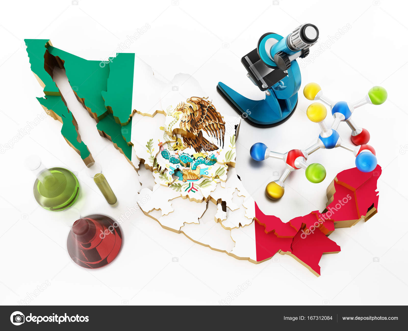 Mexico map and laboratory tools. Narcotics concept. 3D illustration ...