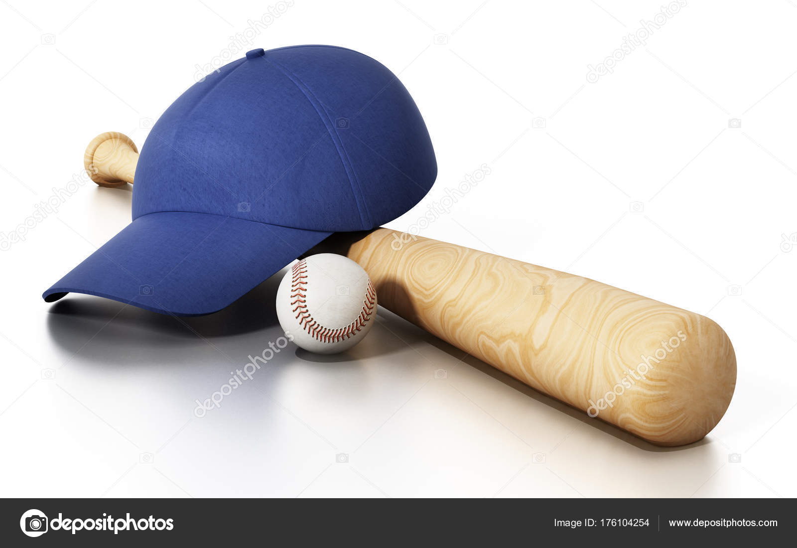 Baseball cap, ball and bat isolated on white background. 3D ...