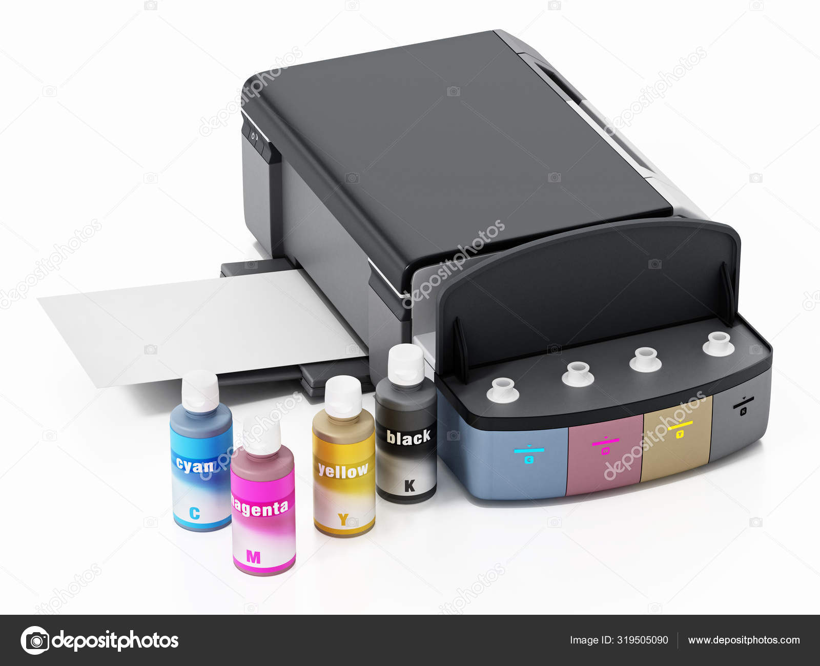 InkJet printer with refillable ink tanks isolated on white background ...