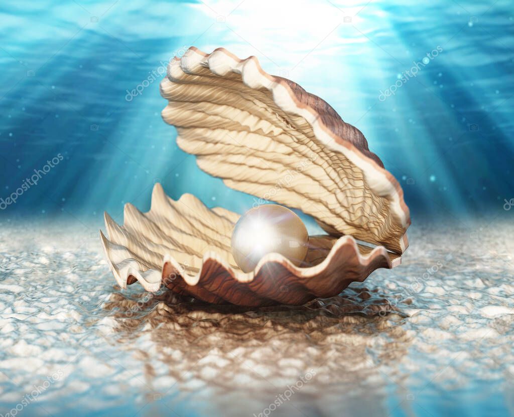 Ostra con una perla gigante de pie sobre el fondo del mar. Ilustración ...