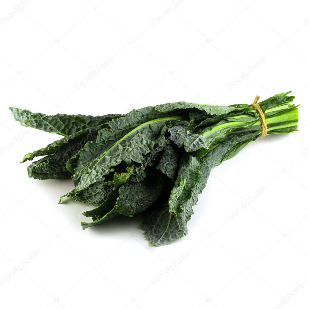 Hojas de col rizada verde orgánica fresca aisladas sobre fondo blanco 2023