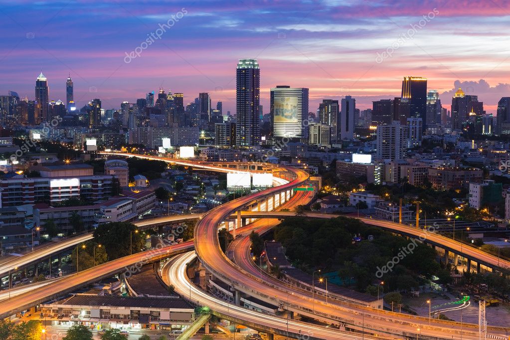 Highway intersection with modern office building Stock Photo by ...