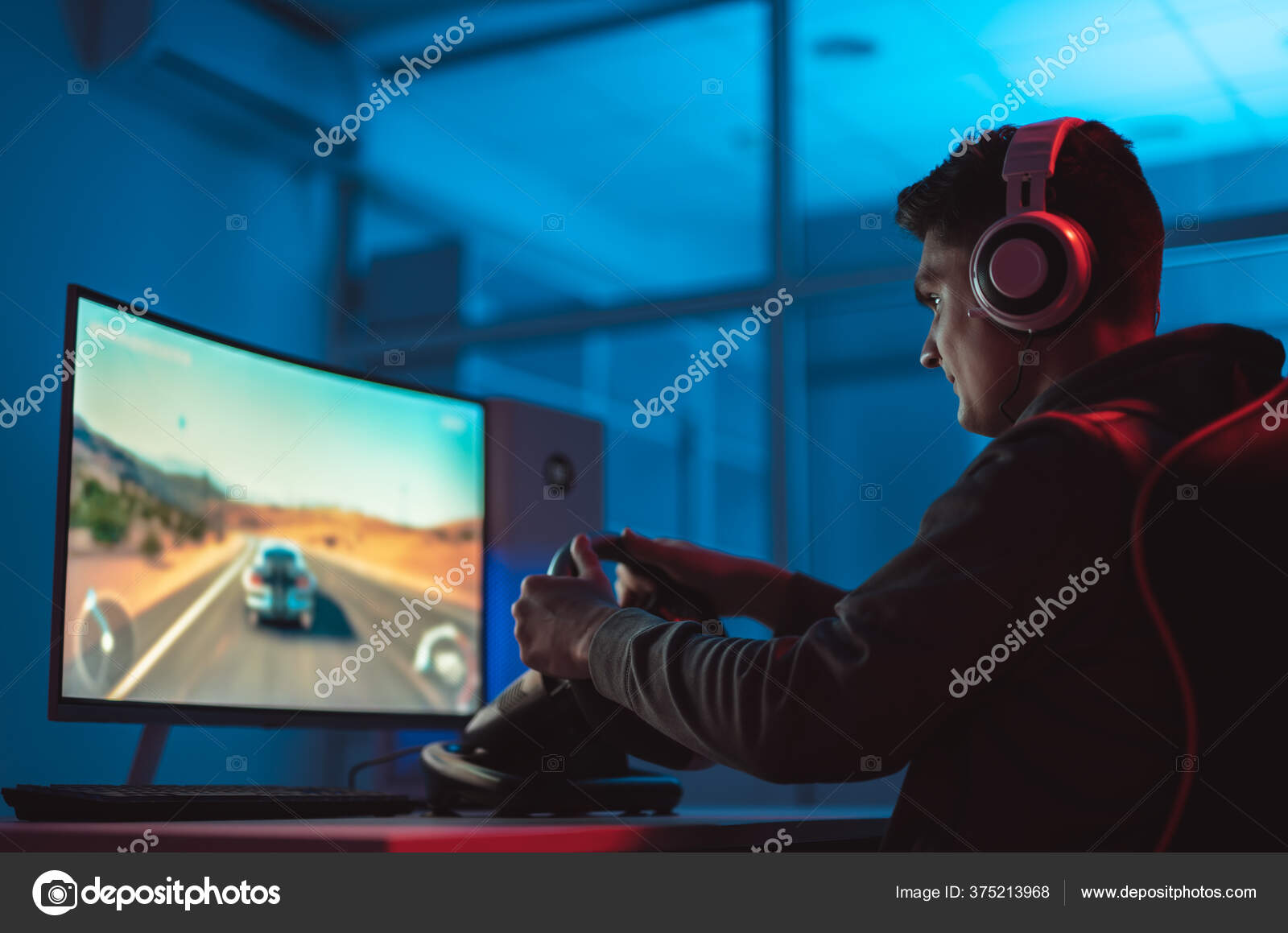 Professional Gamer Playing Video Games Online Neon Room — Stock Photo ...
