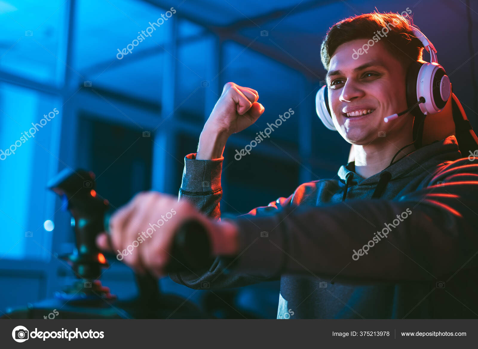 Gamer Headphones Sitting Playing Video Games Neon Room — Stock Photo ...
