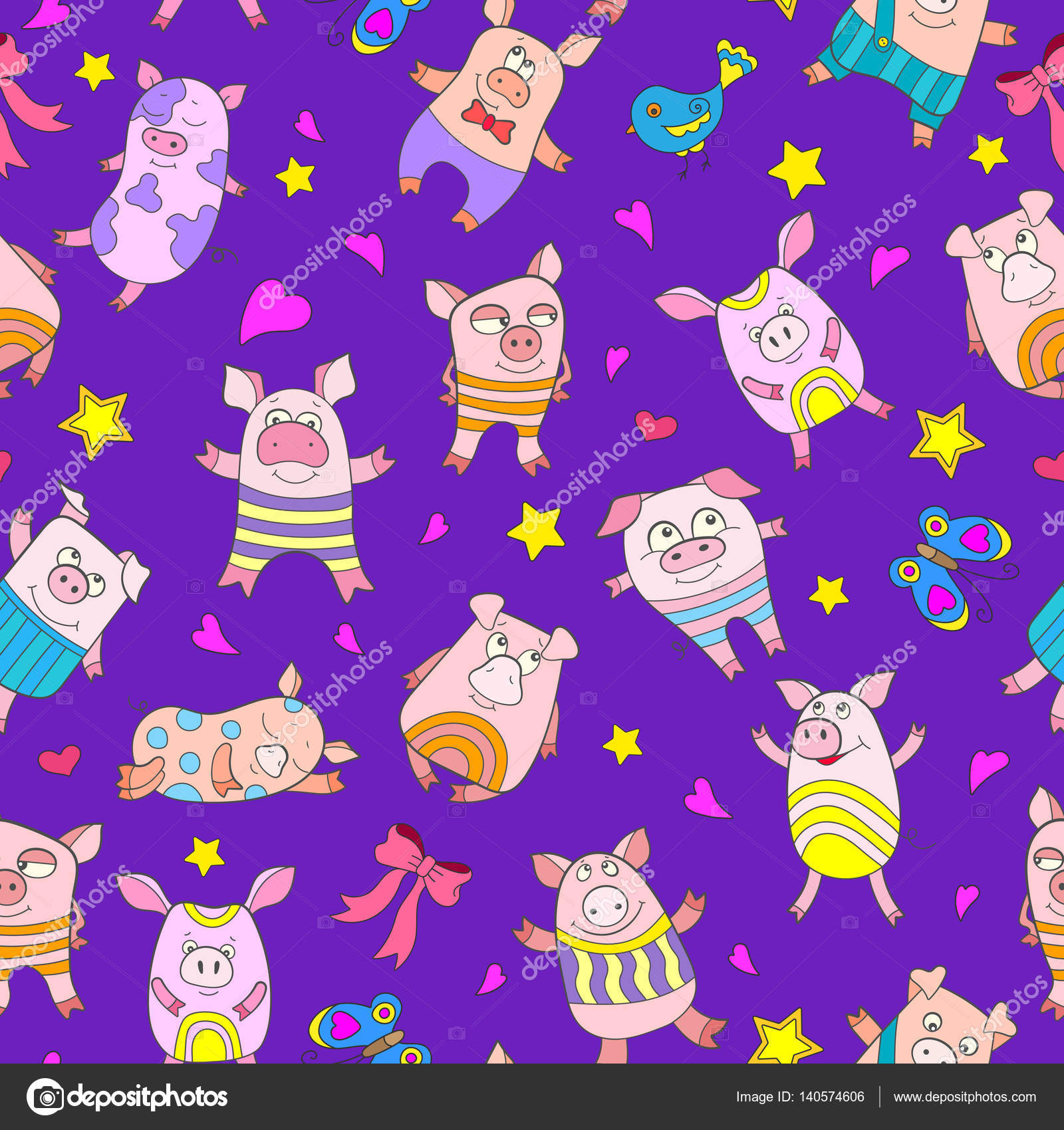 Seamless pattern with funny cartoon pigs on a purple background Stock ...