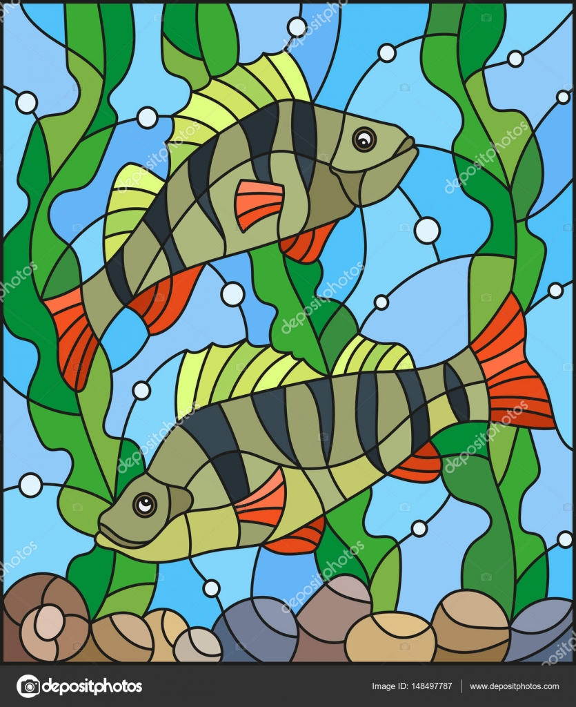 Illustration in stained glass style with a pair of fish perc Stock ...