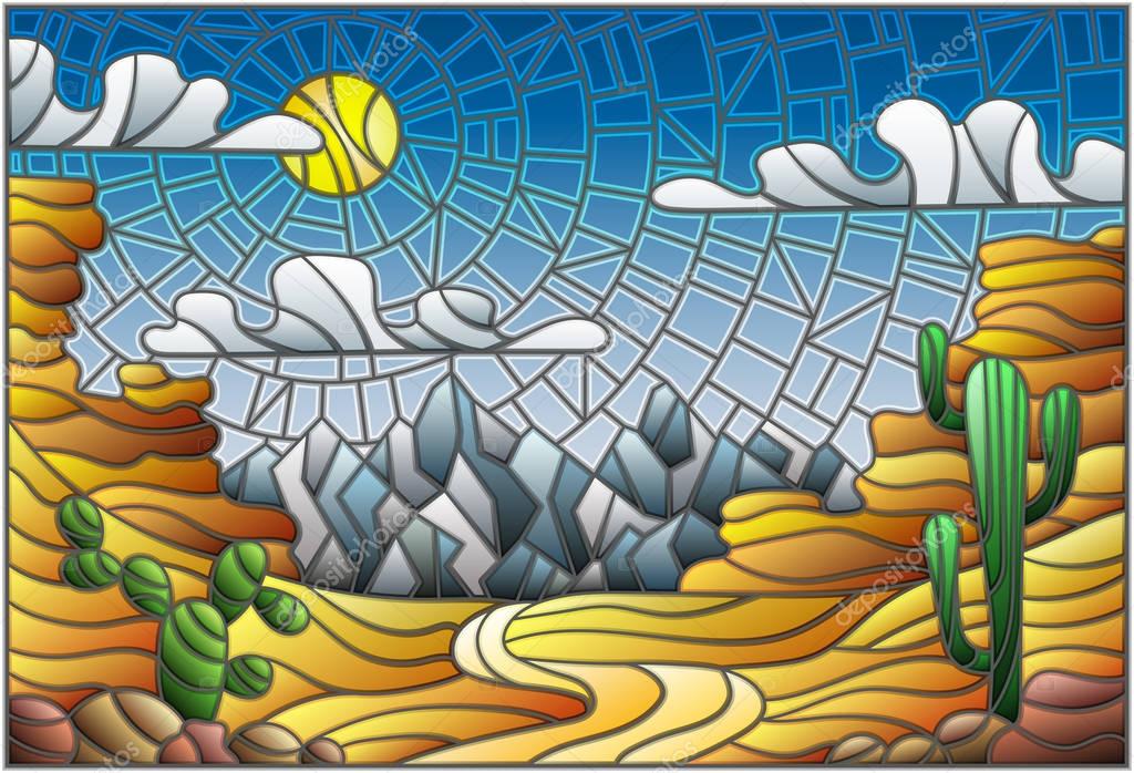 La ilustración en pintura estilo vitral con paisaje desértico, cactus ...
