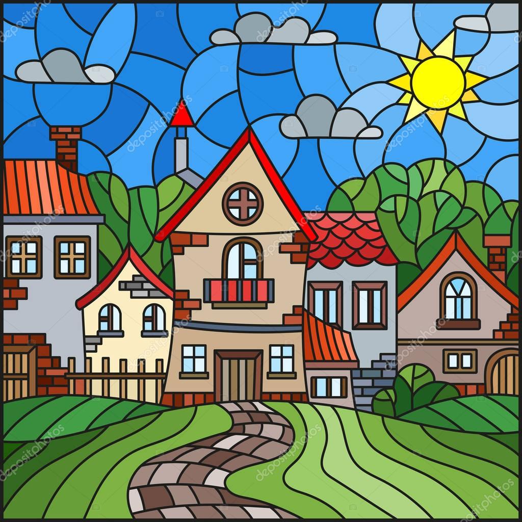 Ilustraci n en estilo vitral, paisaje urbano, techos y rboles contra el d a cielo y sol 2024