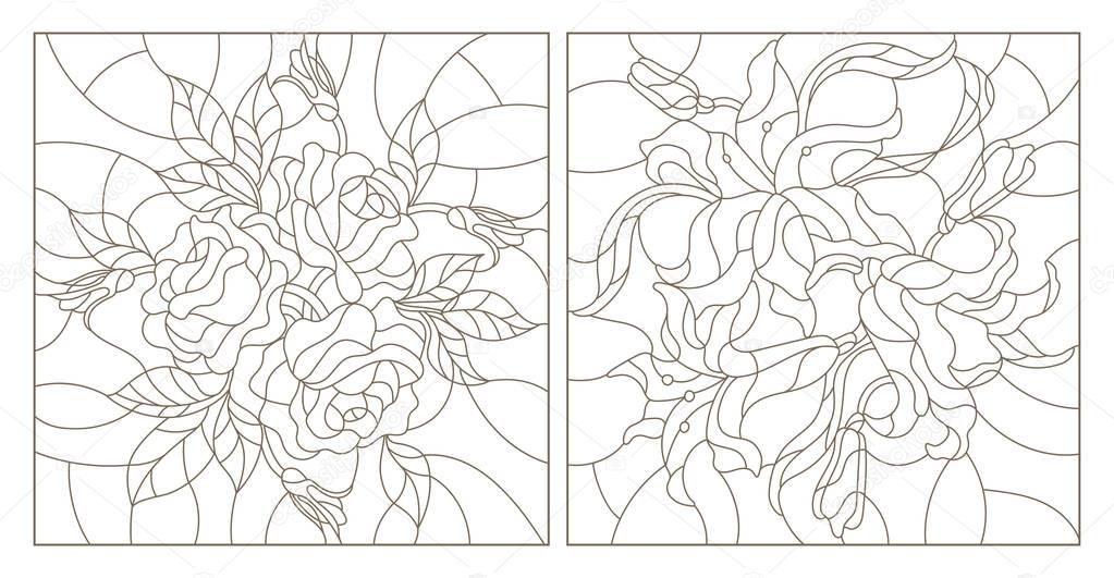 Conjunto de ilustraciones de vidrieras con flores, lirios y rosas 2022 Conjunto de ilustraciones de vidrieras con flores, lirios y rosas 2022