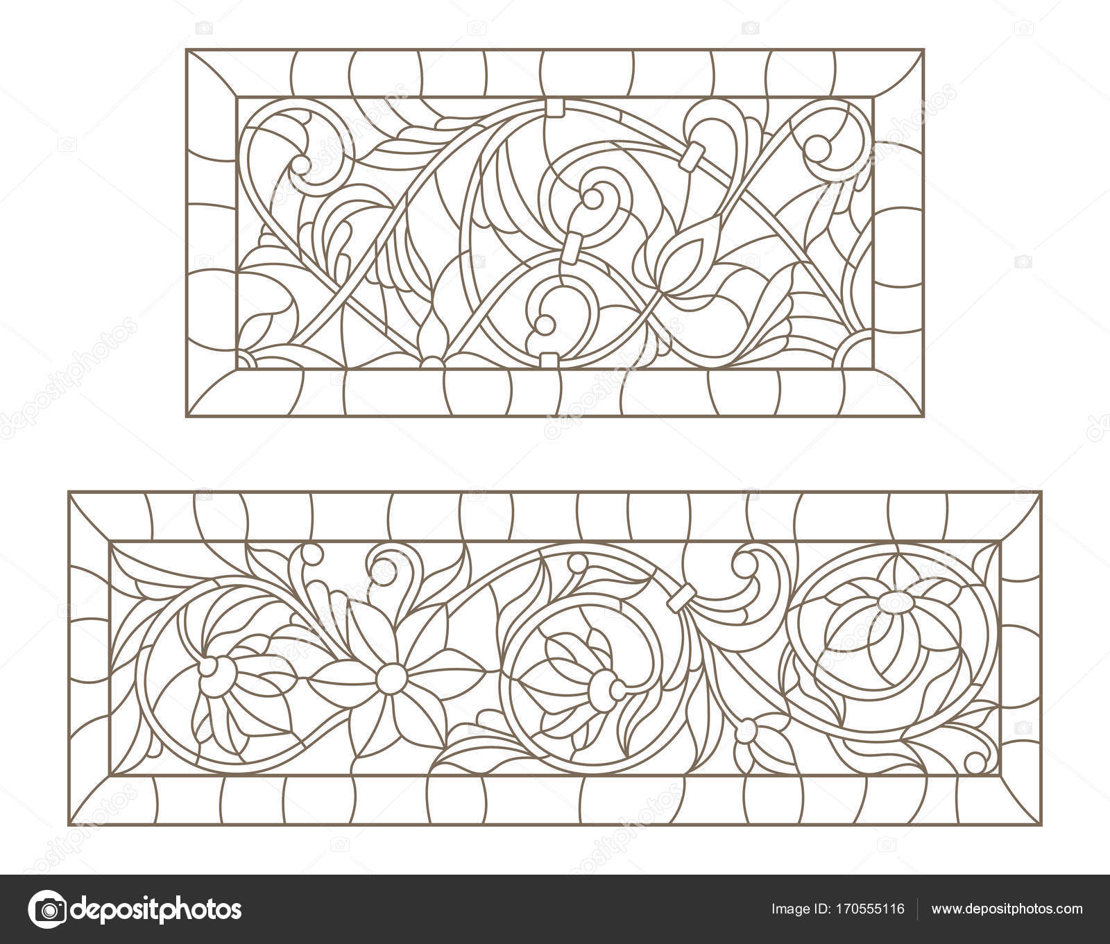 Set contour illustrations of stained glass with abstract swirls and ...