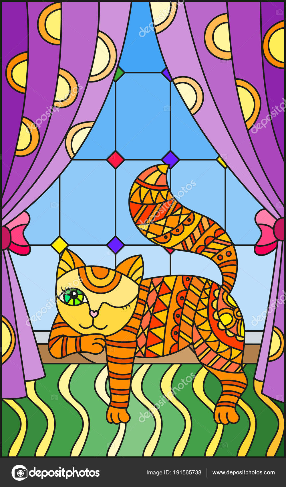 Illustration in stained glass style window with a red cat on the ...