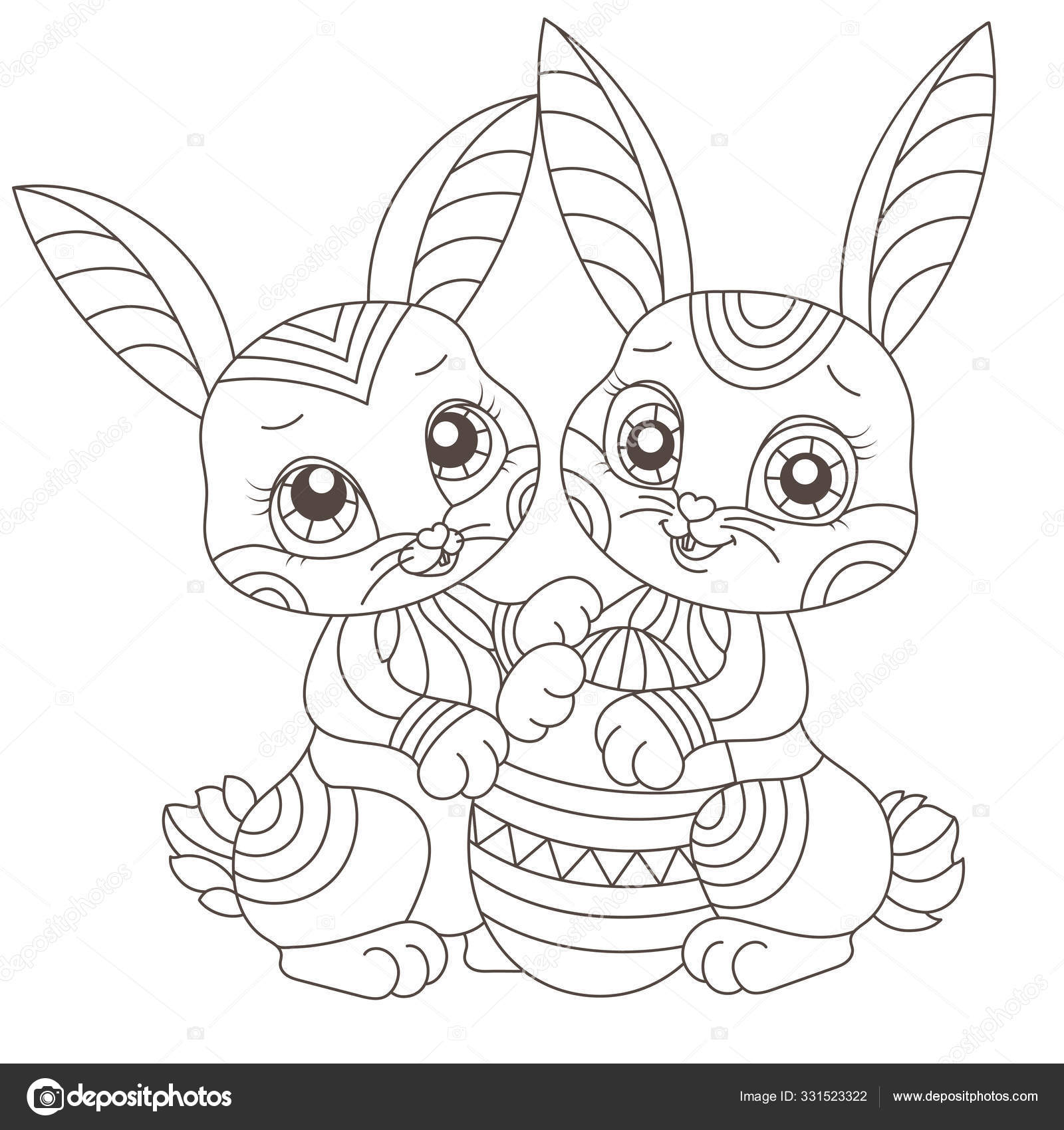 Set of stained glass illustrations with contour cartoon rabbits and egg ...