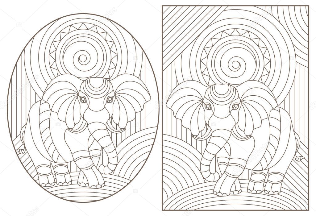 Conjunto de ilustraciones de contorno de vidrieras con elefantes ... Conjunto de ilustraciones de contorno de vidrieras con elefantes ...