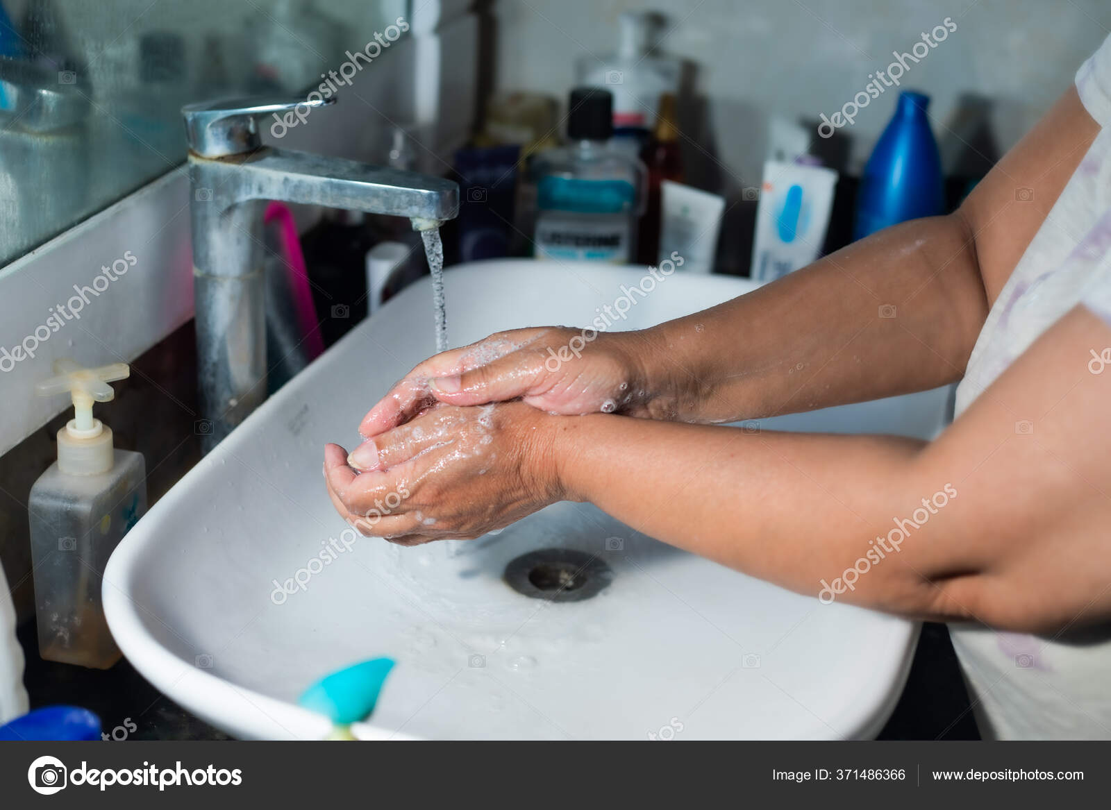 Female Adult Washing Hands Arms Properly Soap Sink Wash Basin — Stock ...