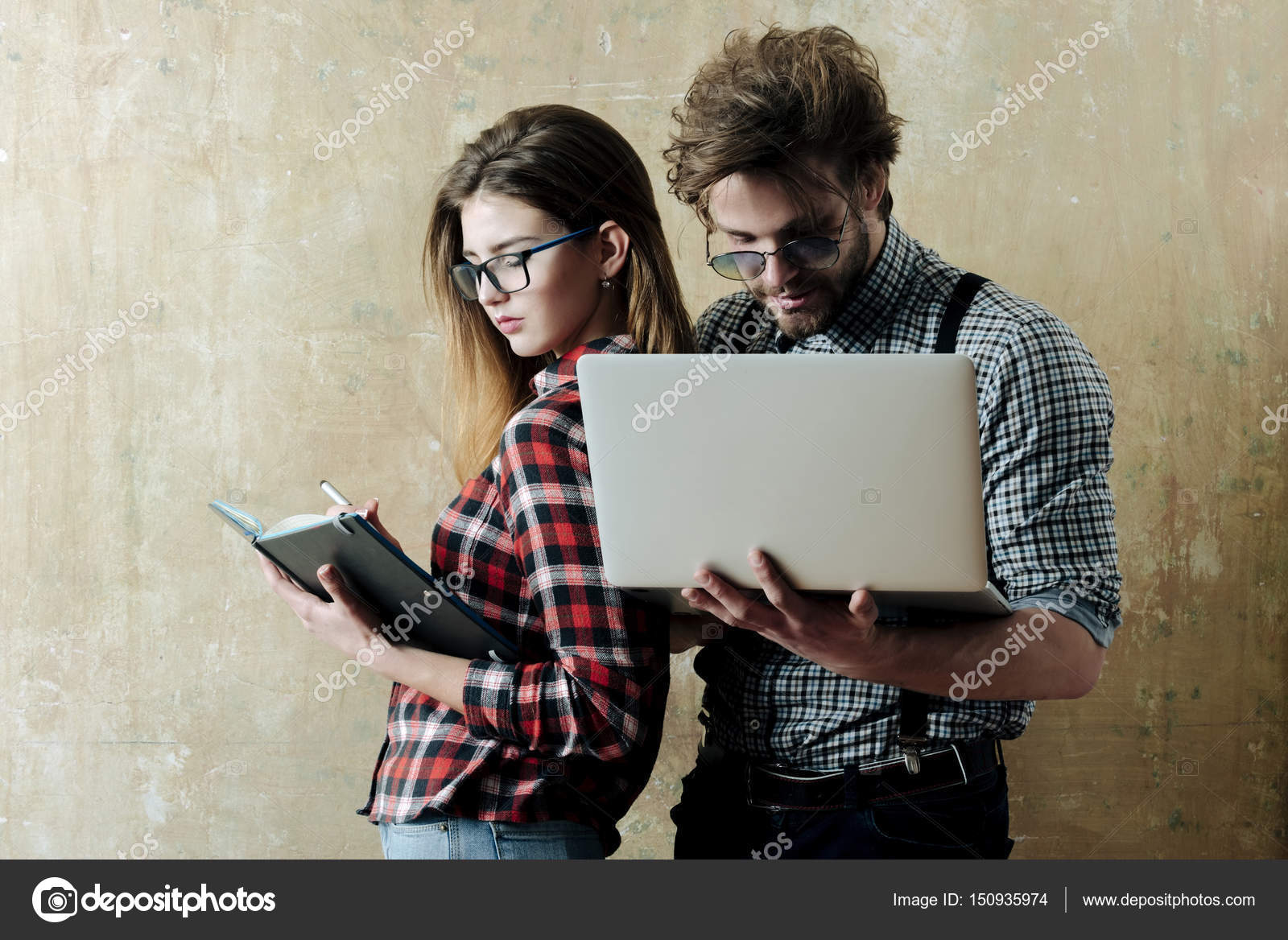 Young nerd couple of students in geek glasses — Stock Photo ...
