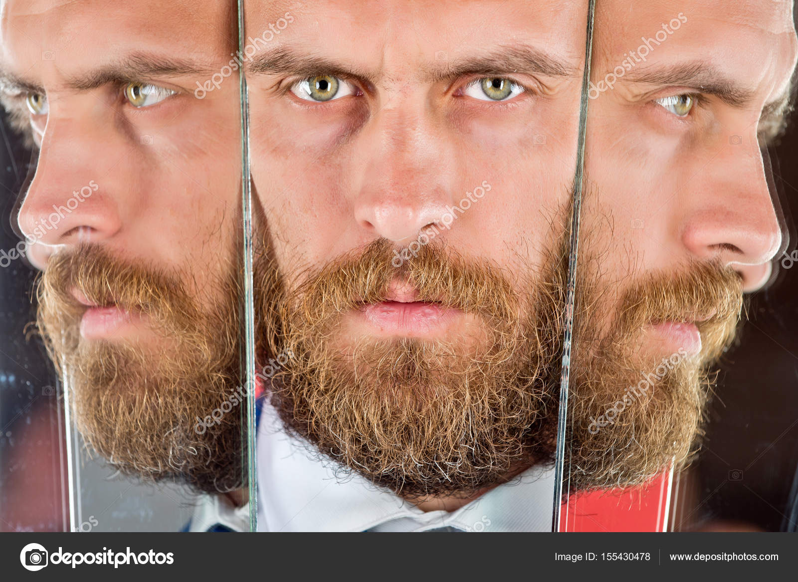 Young man with reflection in mirror, serious confident hipster ...