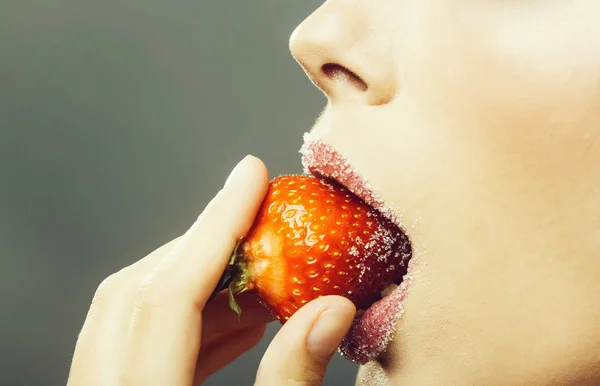 female sugar lips bite red strawberry - Stock Image - Everypixel