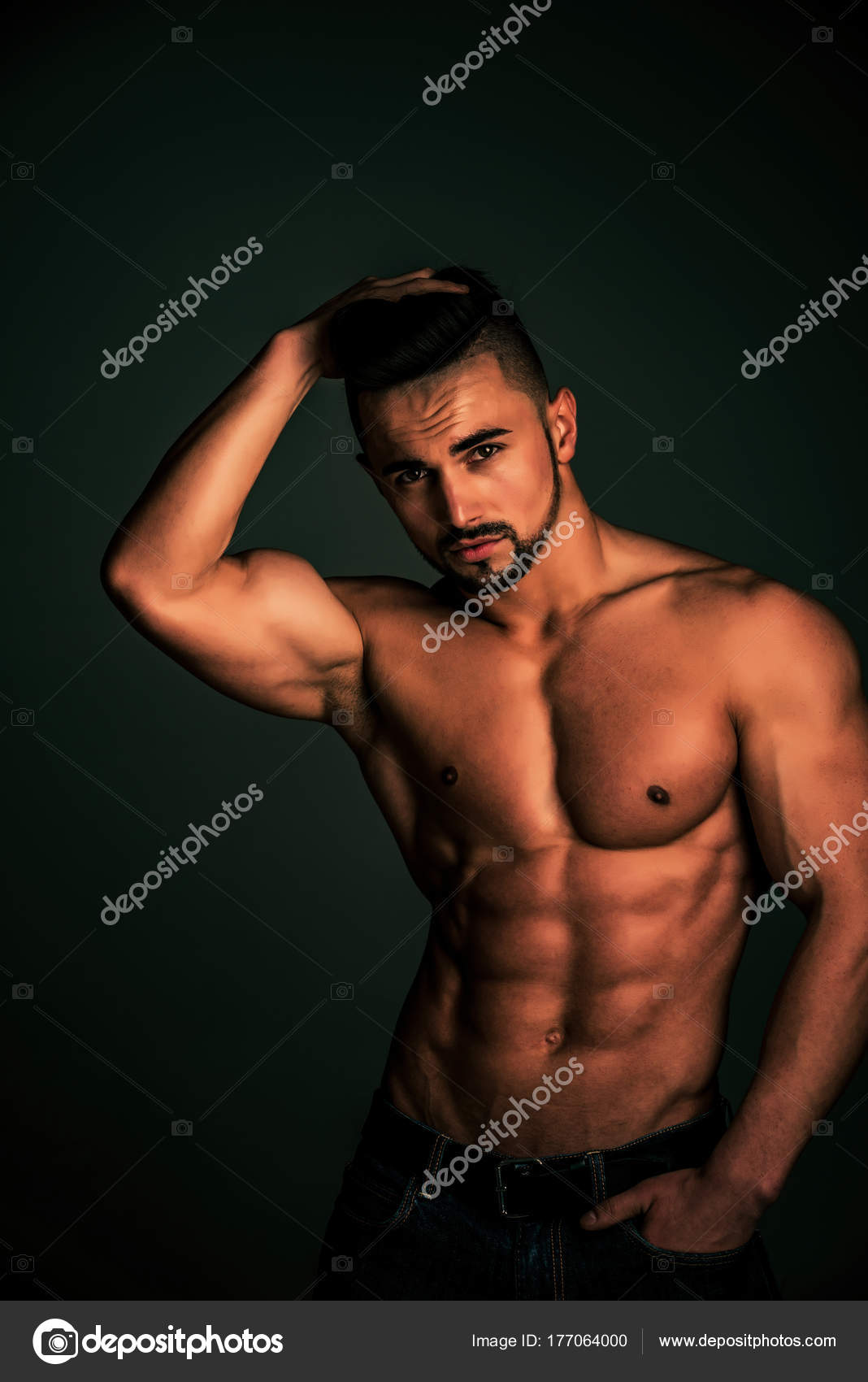 Man with muscular body and bare chest or coach sportsman Stock Photo by ...