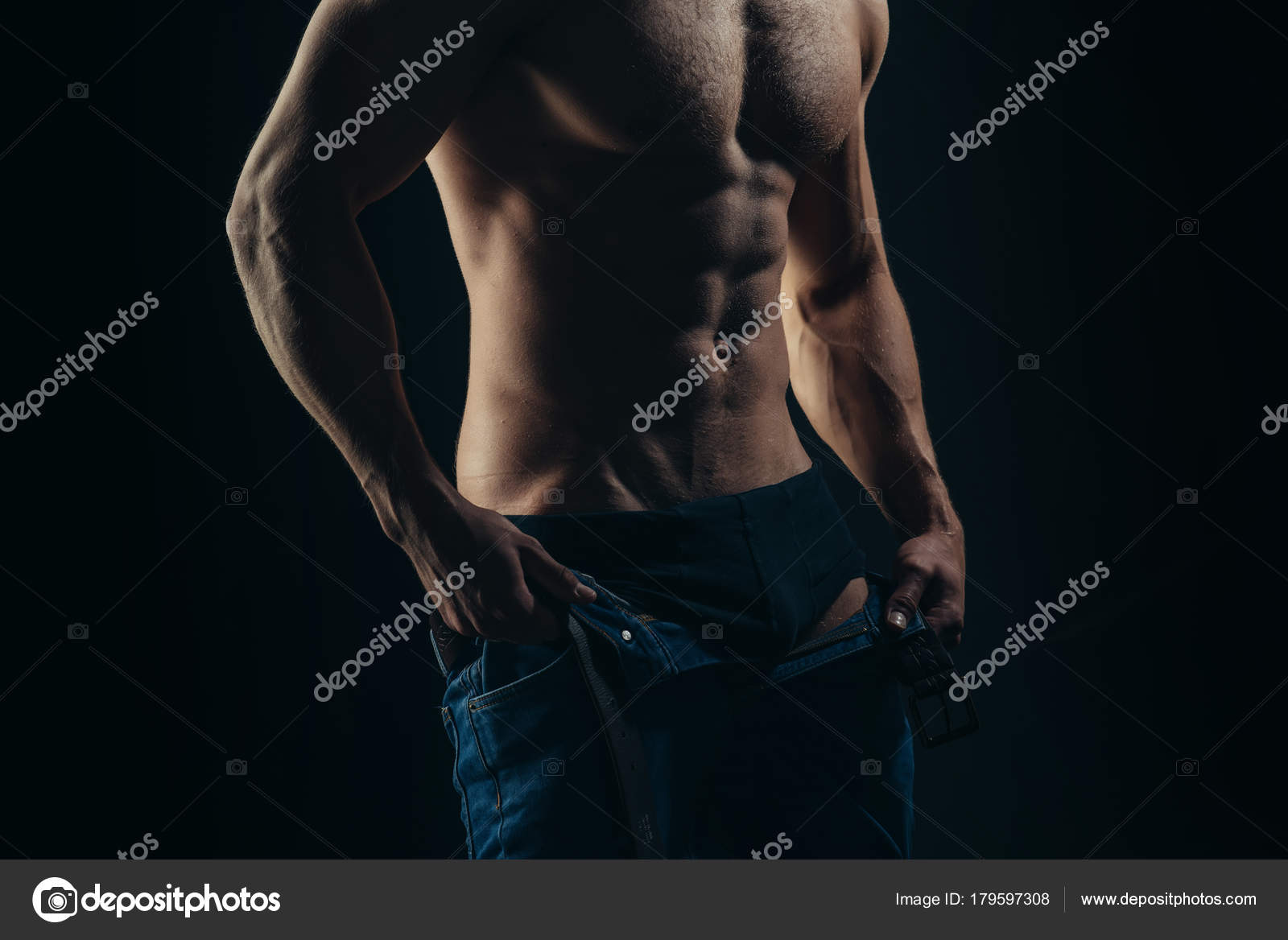 Underwear and unzip jeans on strong male body — Stock Photo ...