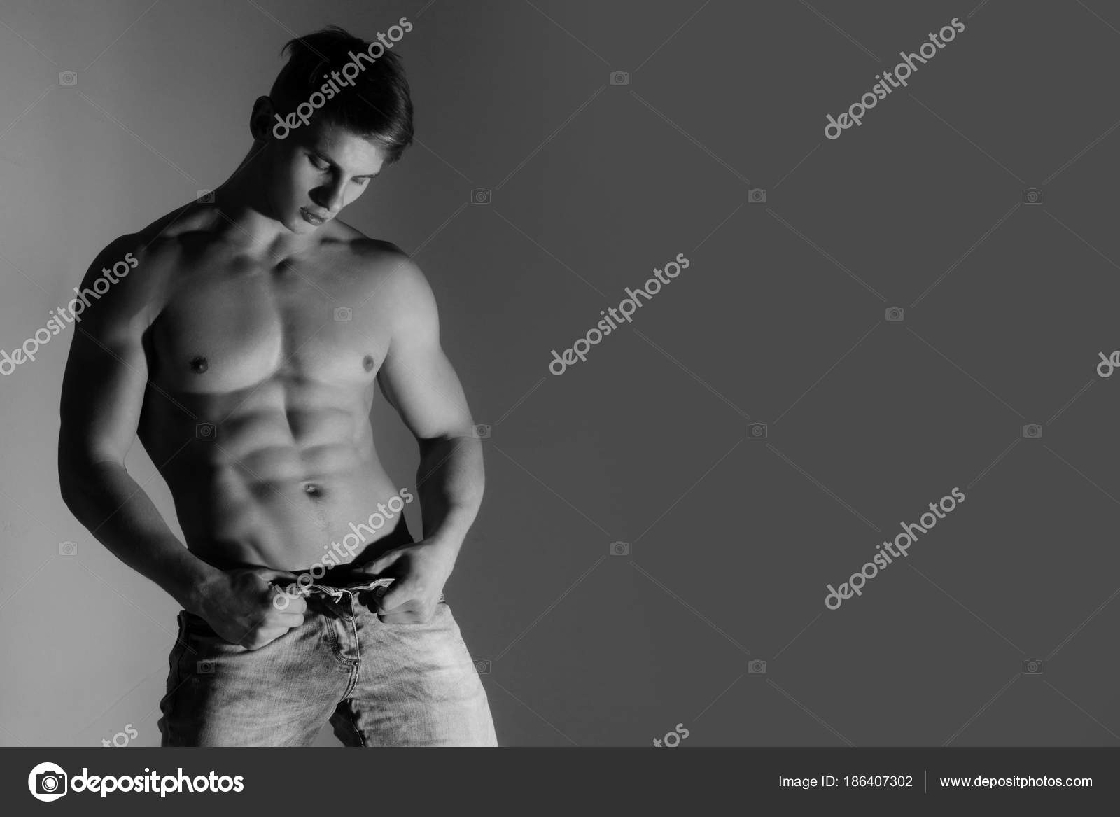 Strong Athletic Man Fitness Model Torso Showing Six Pack Abs Stock