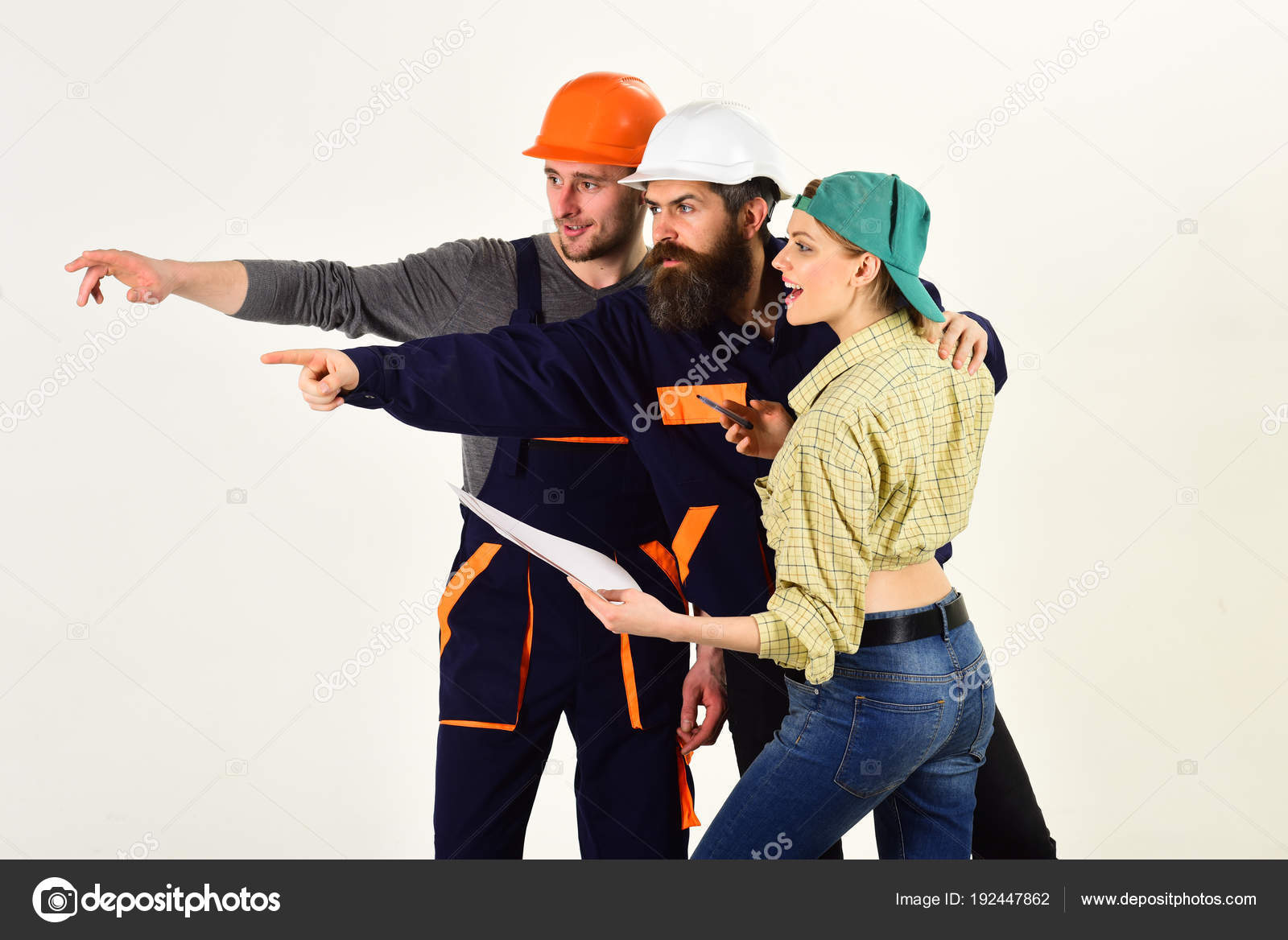 Brigade Workers Builders Helmets Repairers Lady Discuss Contract White ...