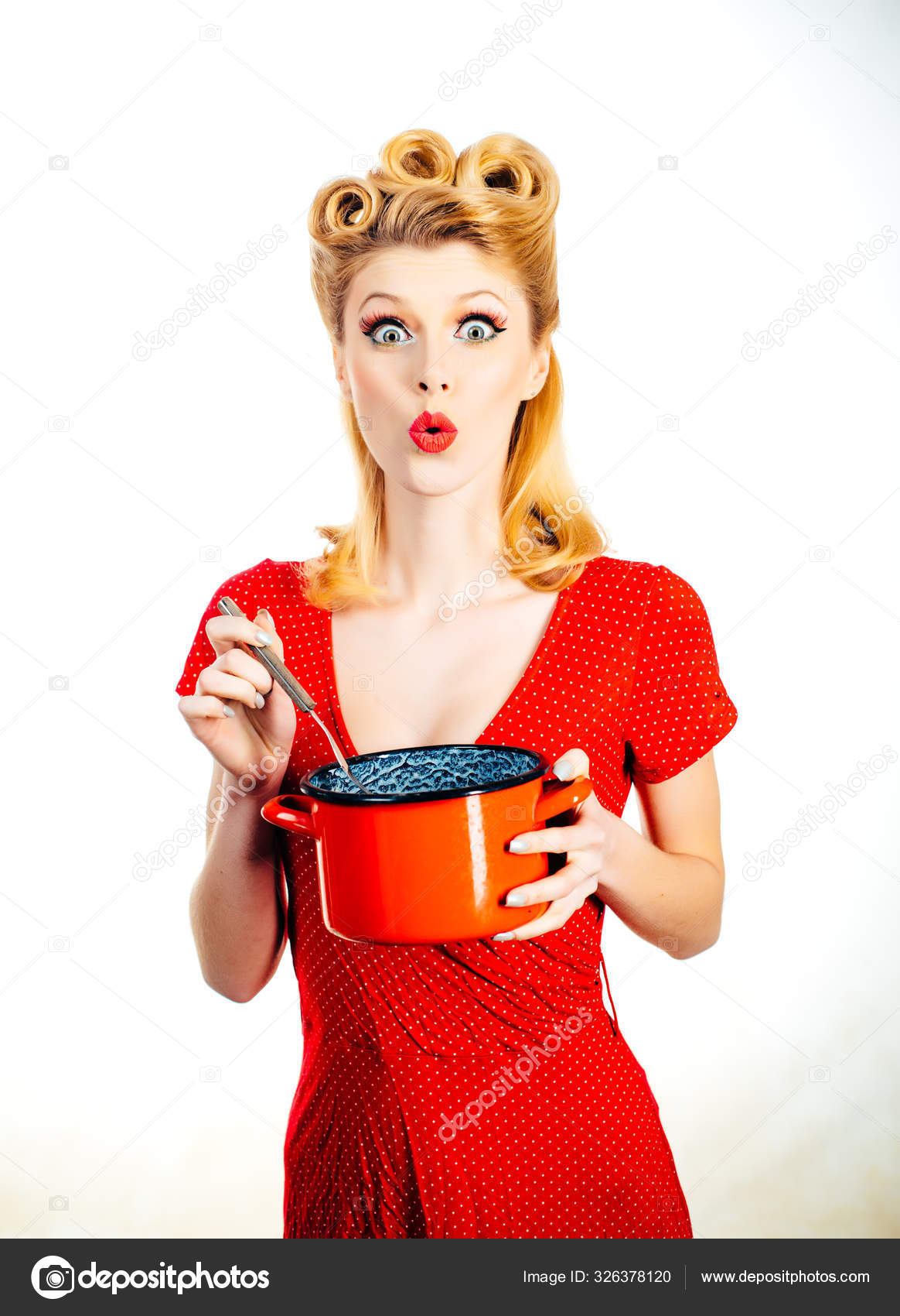 Everyday Life Of Housewife With Pot Cooking Sexy Girl Cleaning Retro Or Pinup Woman Isolated